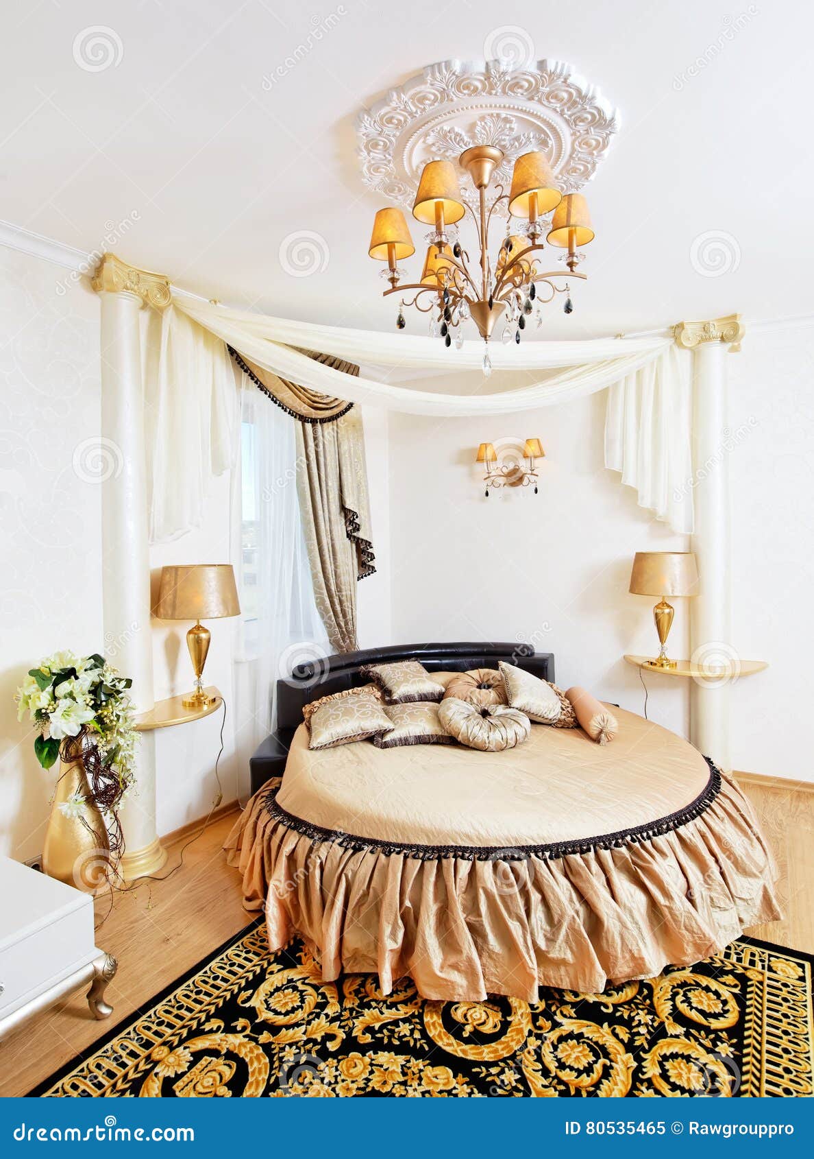 Golden Classical Bedroom Interior with Round Bed Stock Image - Image of ...