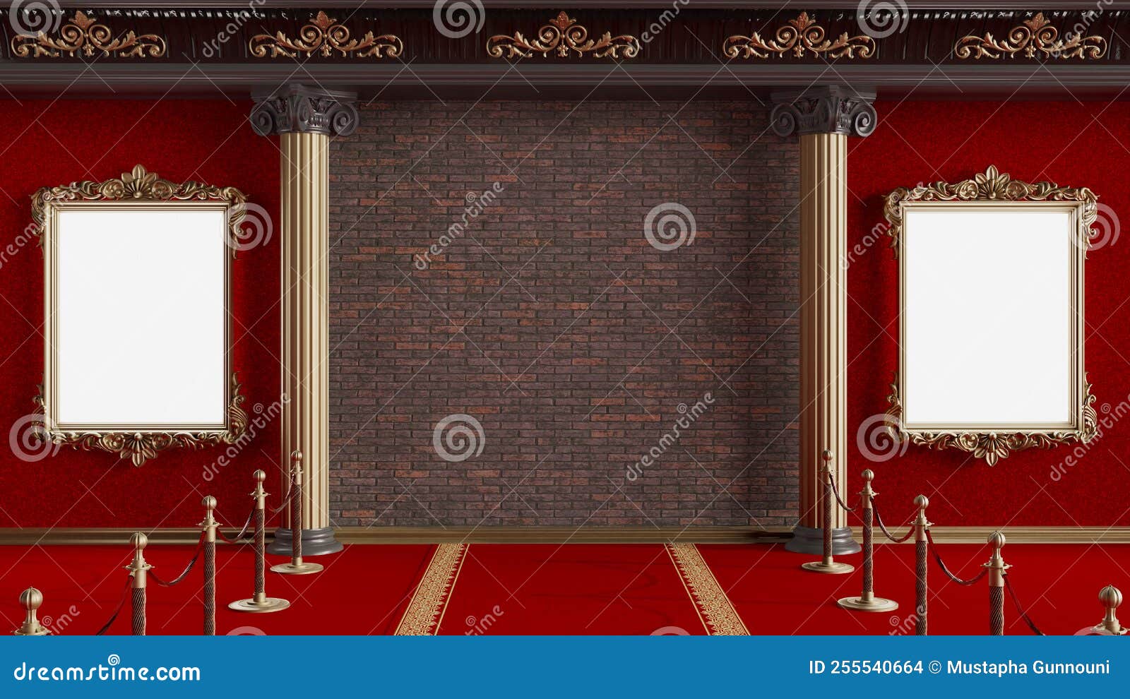Golden Classical Columns and Wall Background with Bricks and Red Carpet ...