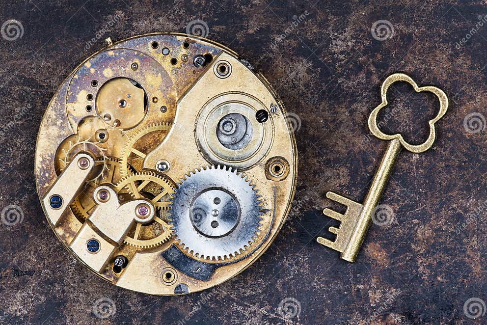 Golden Clockwork with a Key, Idea, Creativity Concept Stock Photo ...