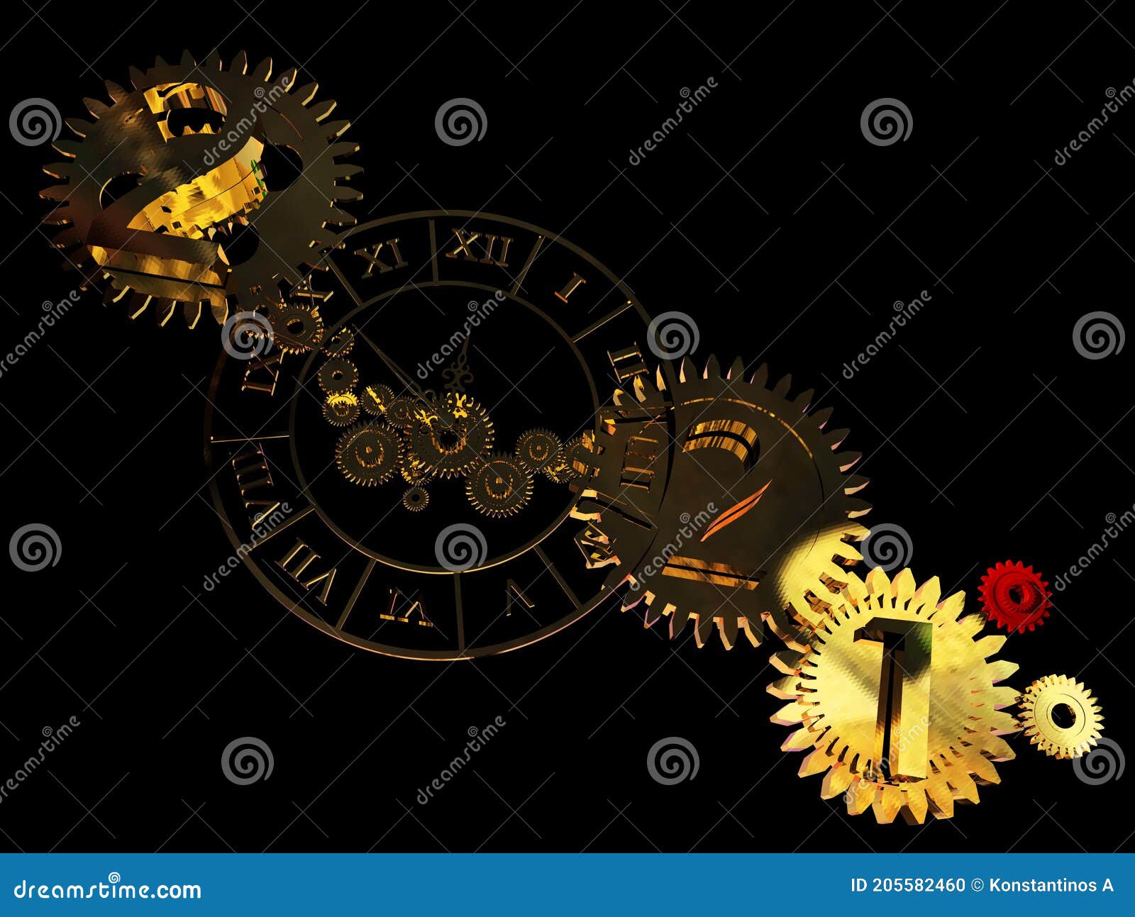 2021 21 Golden Cogs Clock with Latin Numbers in Black Background - 3d ...