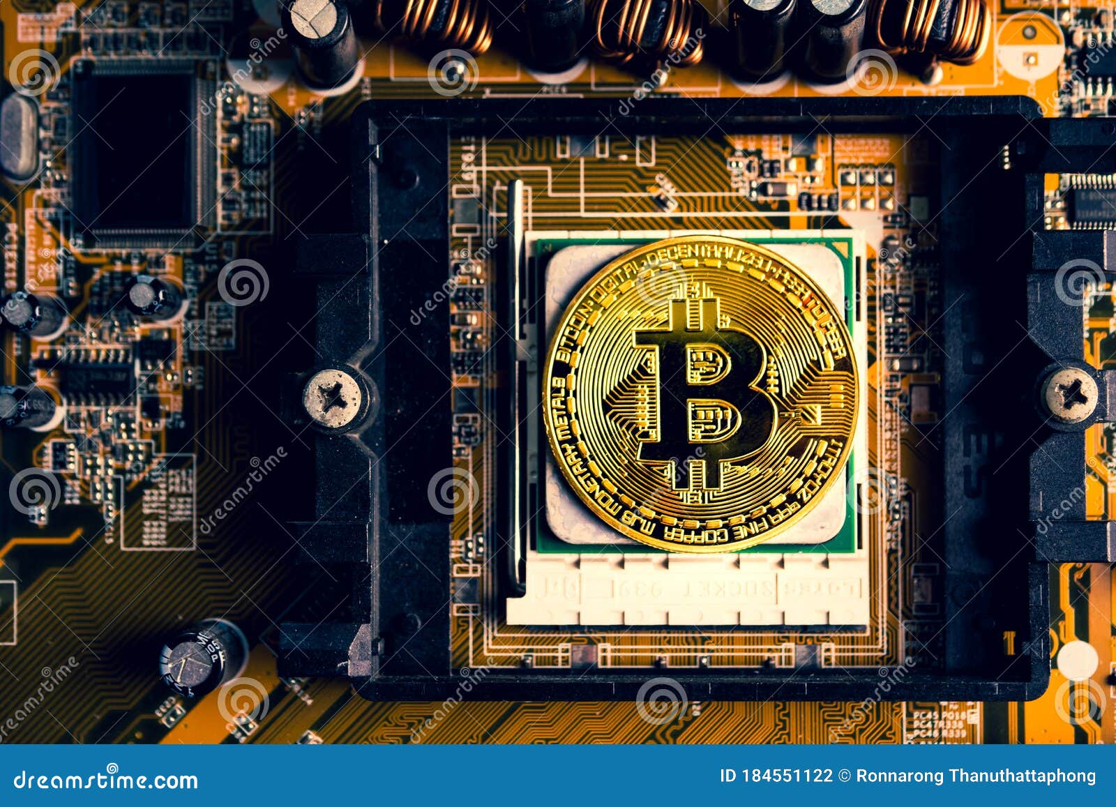 Golden Coin with Bitcoin Symbol on a Mainboard Stock Photo - Image of ...