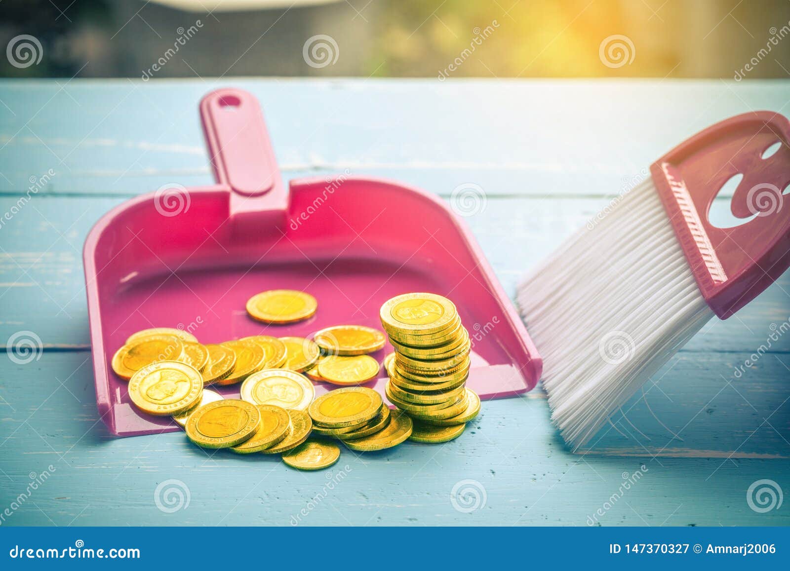 Golden Coin Stack or Money in Dust Pan Stock Image - Image of banking ...