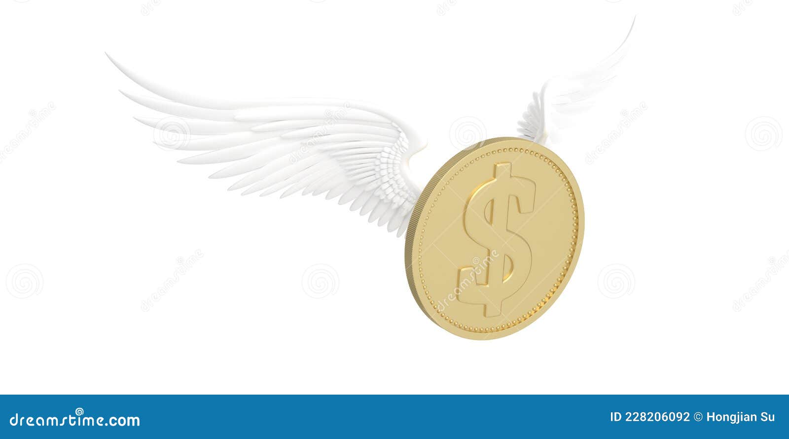 Golden Coin with Wings Isolated on White Background, 3D Rendering. 3D ...