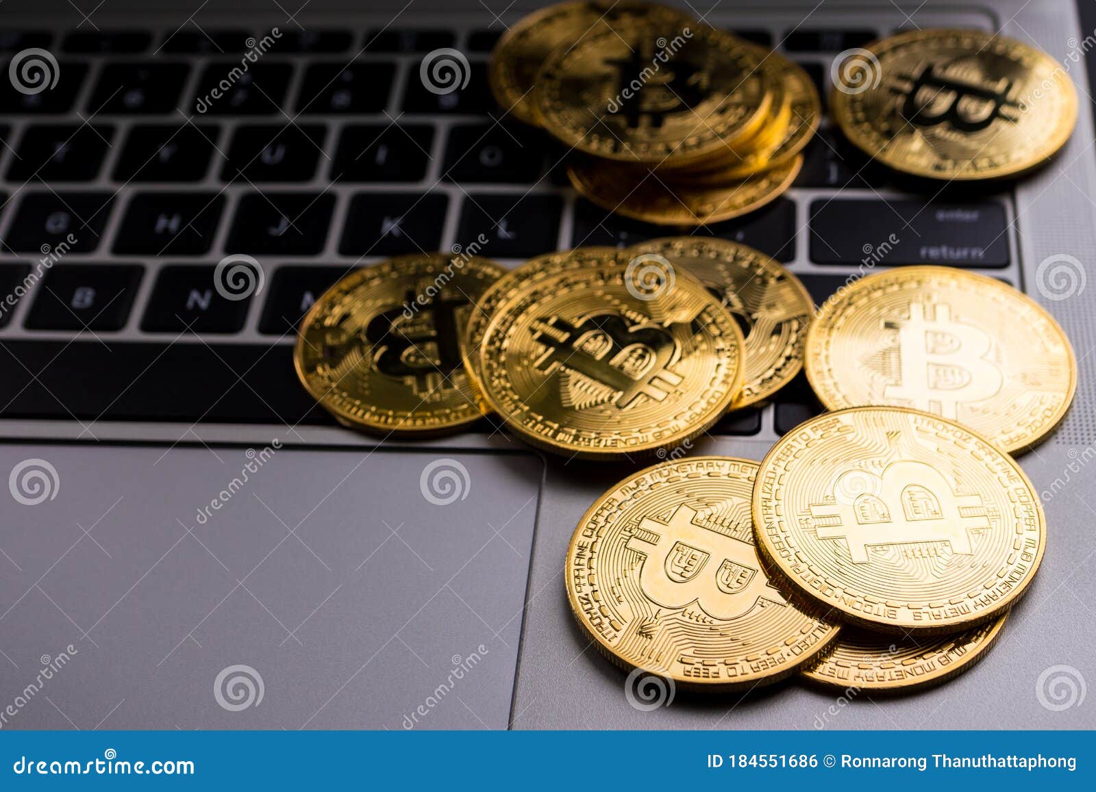Golden Coins with Bitcoin Symbol on Computer Keyboard Stock Photo ...