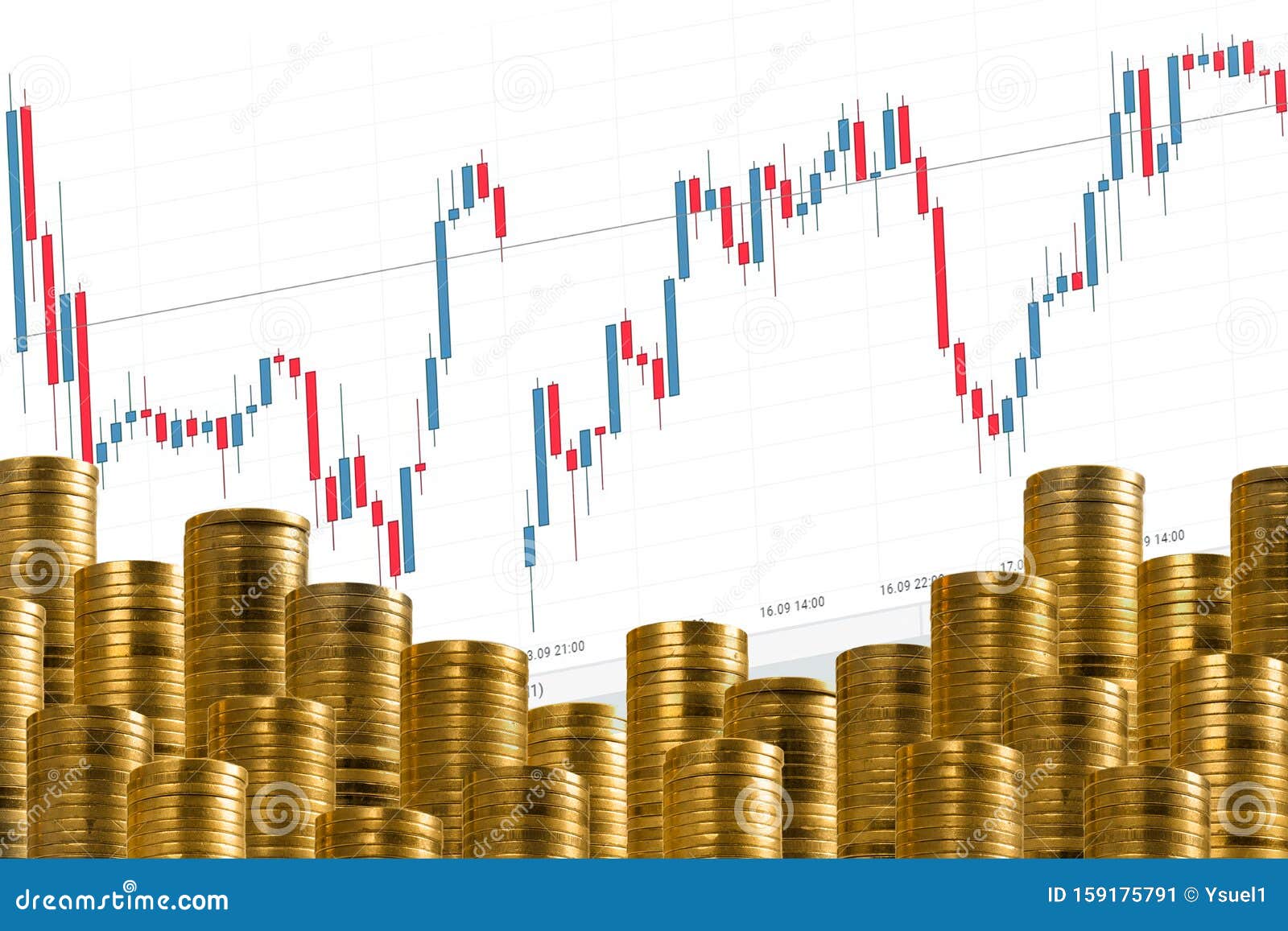 Golden coins with chart stock image. Image of growing - 159175791