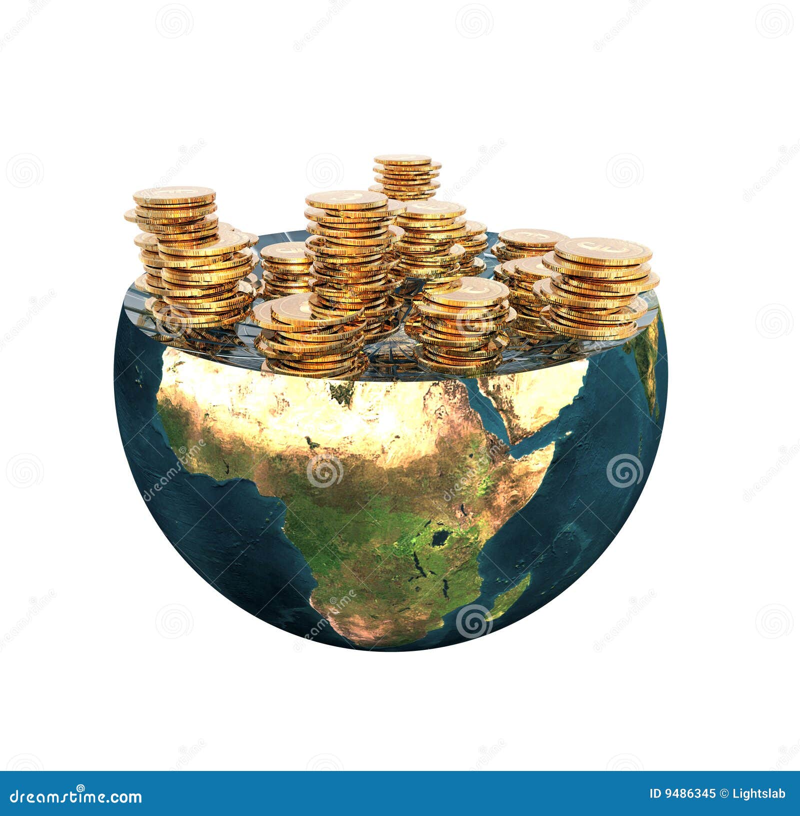 Golden Coins on Earth Hemisphere Stock Illustration - Illustration of ...