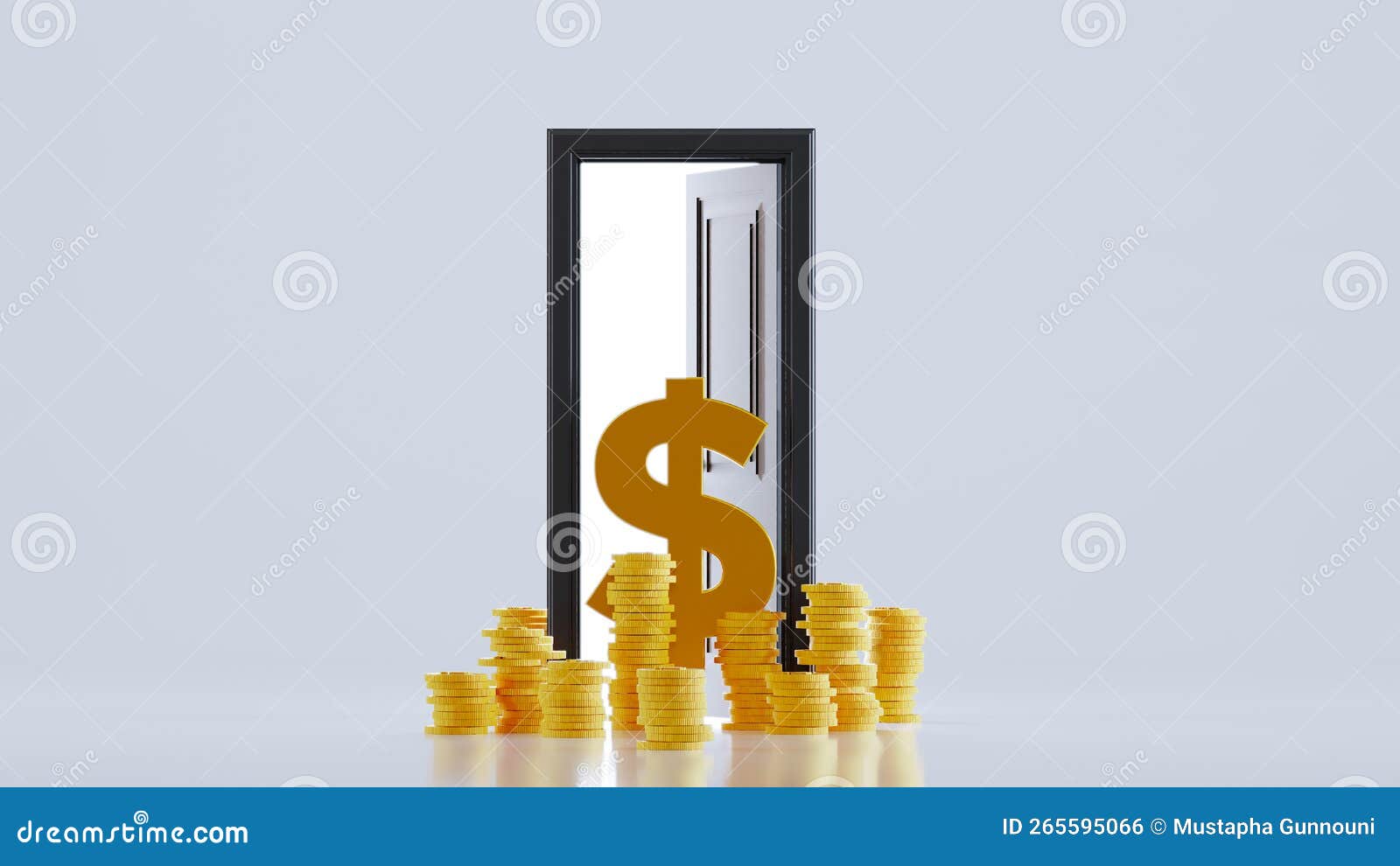Golden Coins Pile with Open Black Door on White Background. Stack of ...