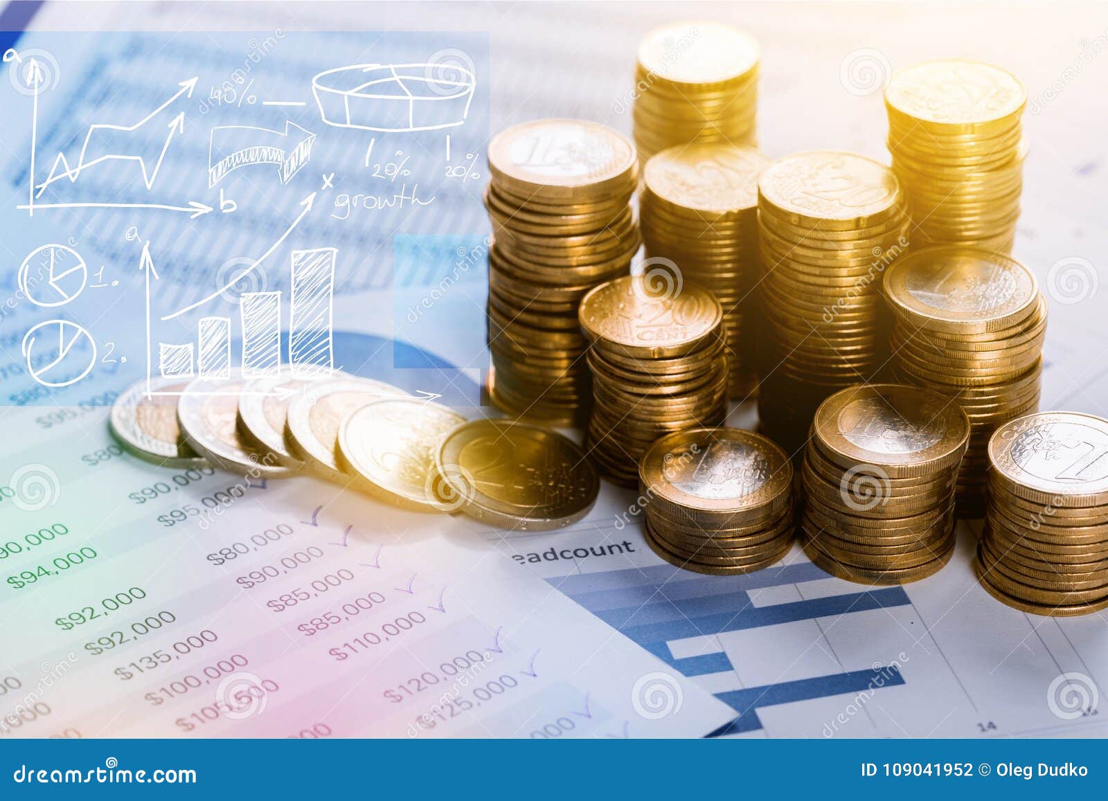 Golden Coins Stacks on Blue Background Stock Photo - Image of ...