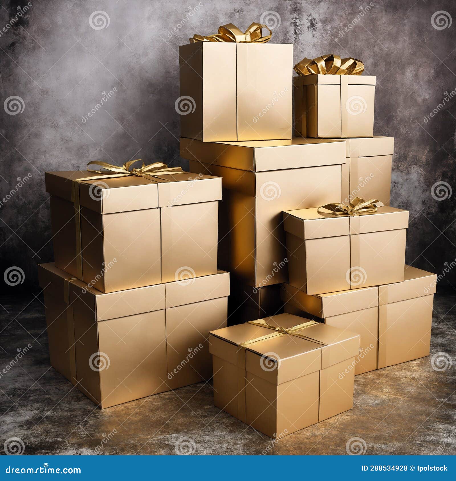 Golden Color Christmas Gift Boxes in Front of Empty Wall Stock ...