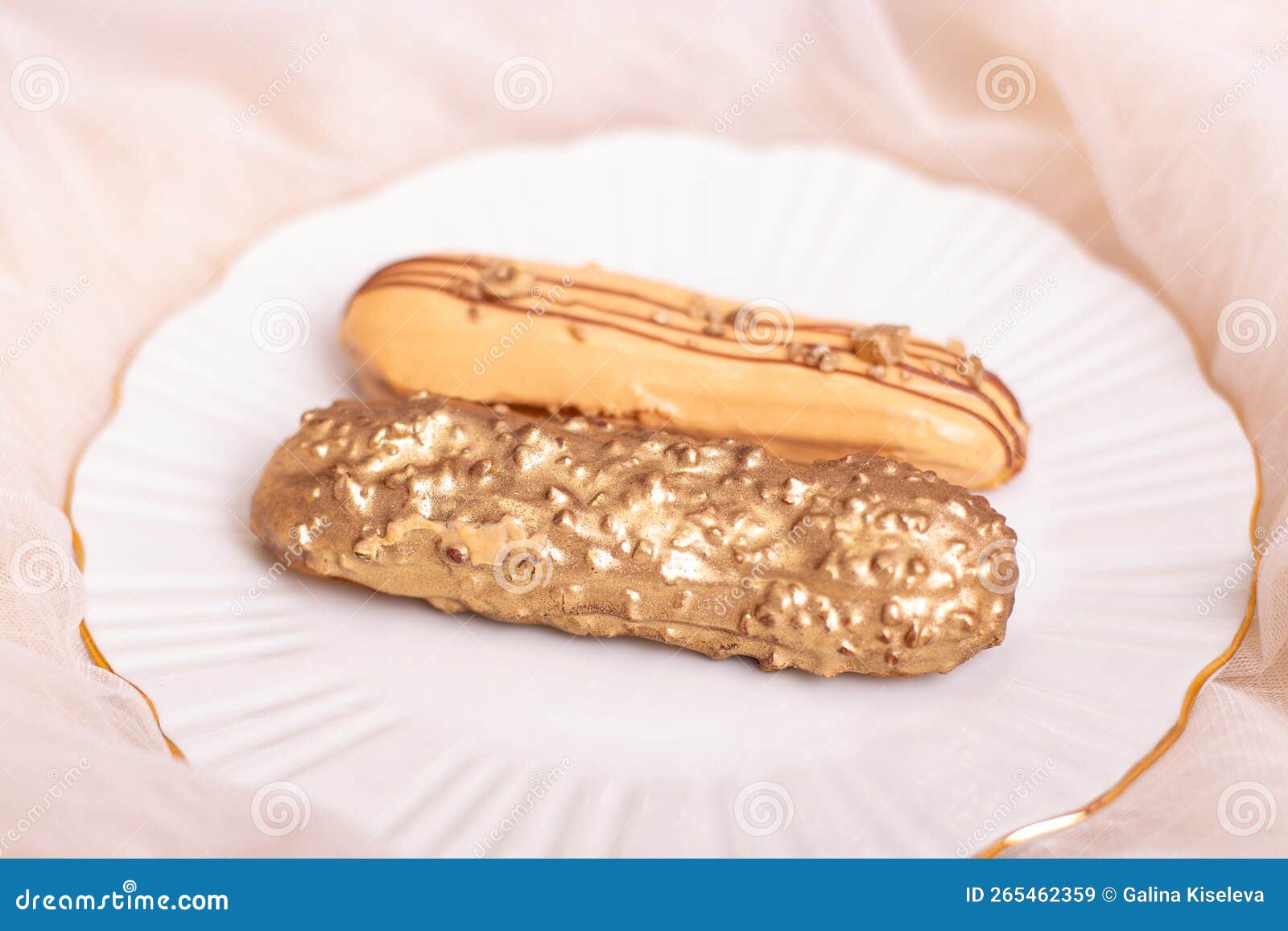 Golden Colored Eclairs on Plate Stock Image - Image of decor, meat ...