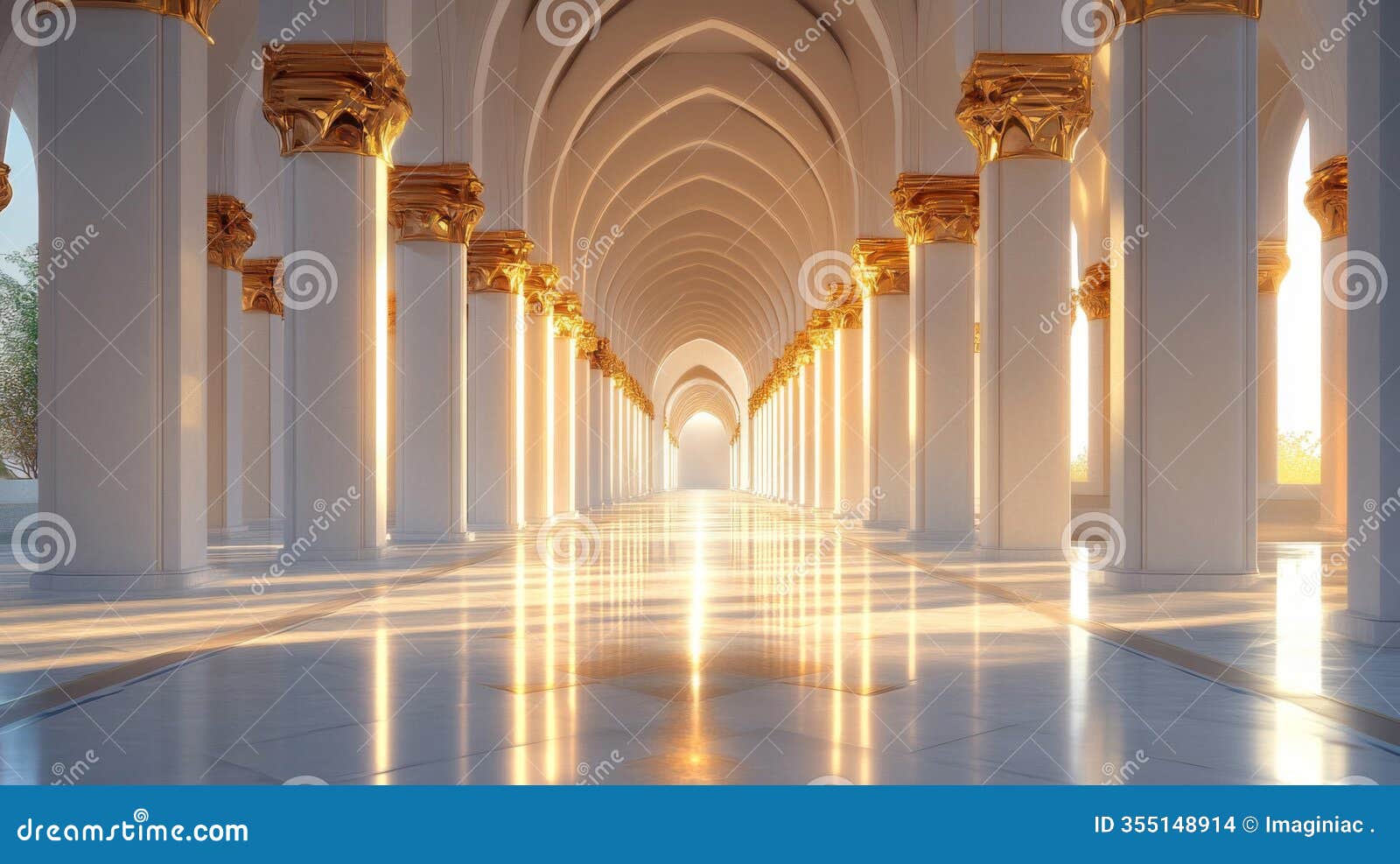 Golden Columns Line a Sunlit White Hallway Stock Illustration ...