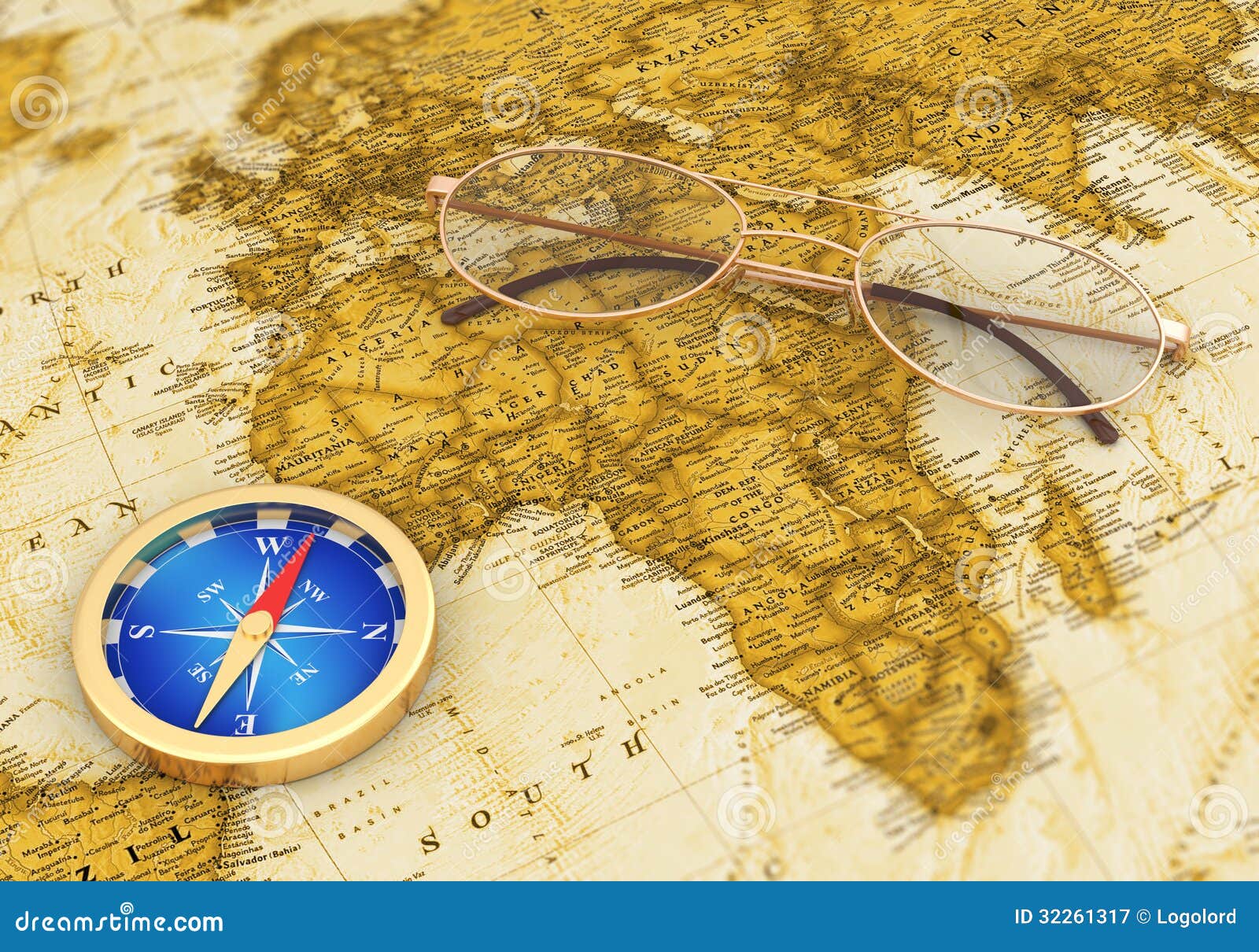 Golden Compass on the Old Map with Glasses Stock Illustration ...