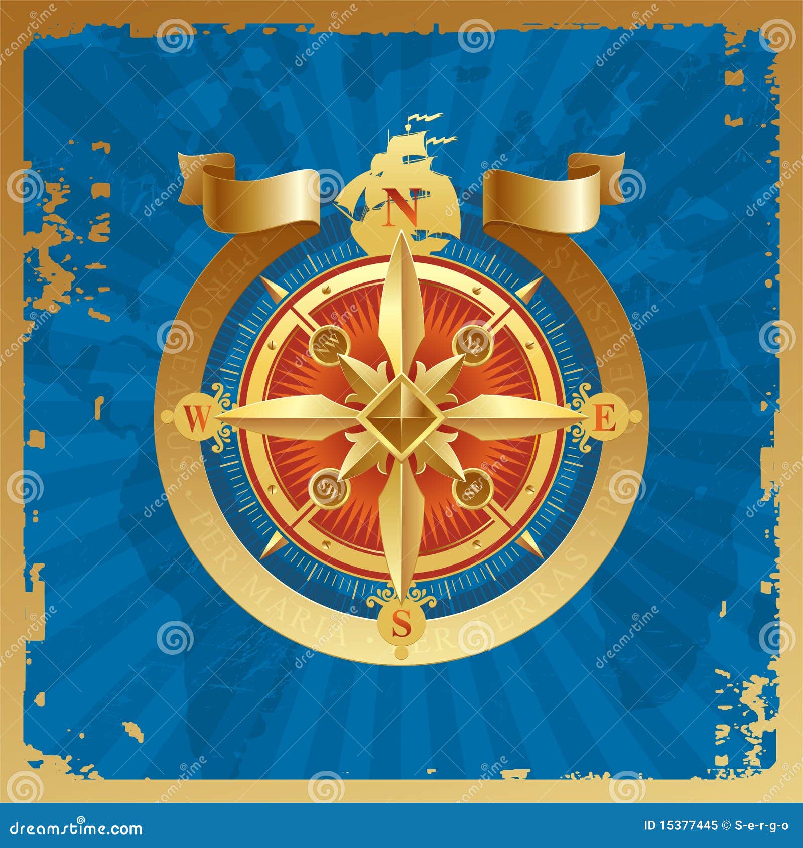 Golden Compass Rose, World Map & Retro Transport Vector Illustration ...