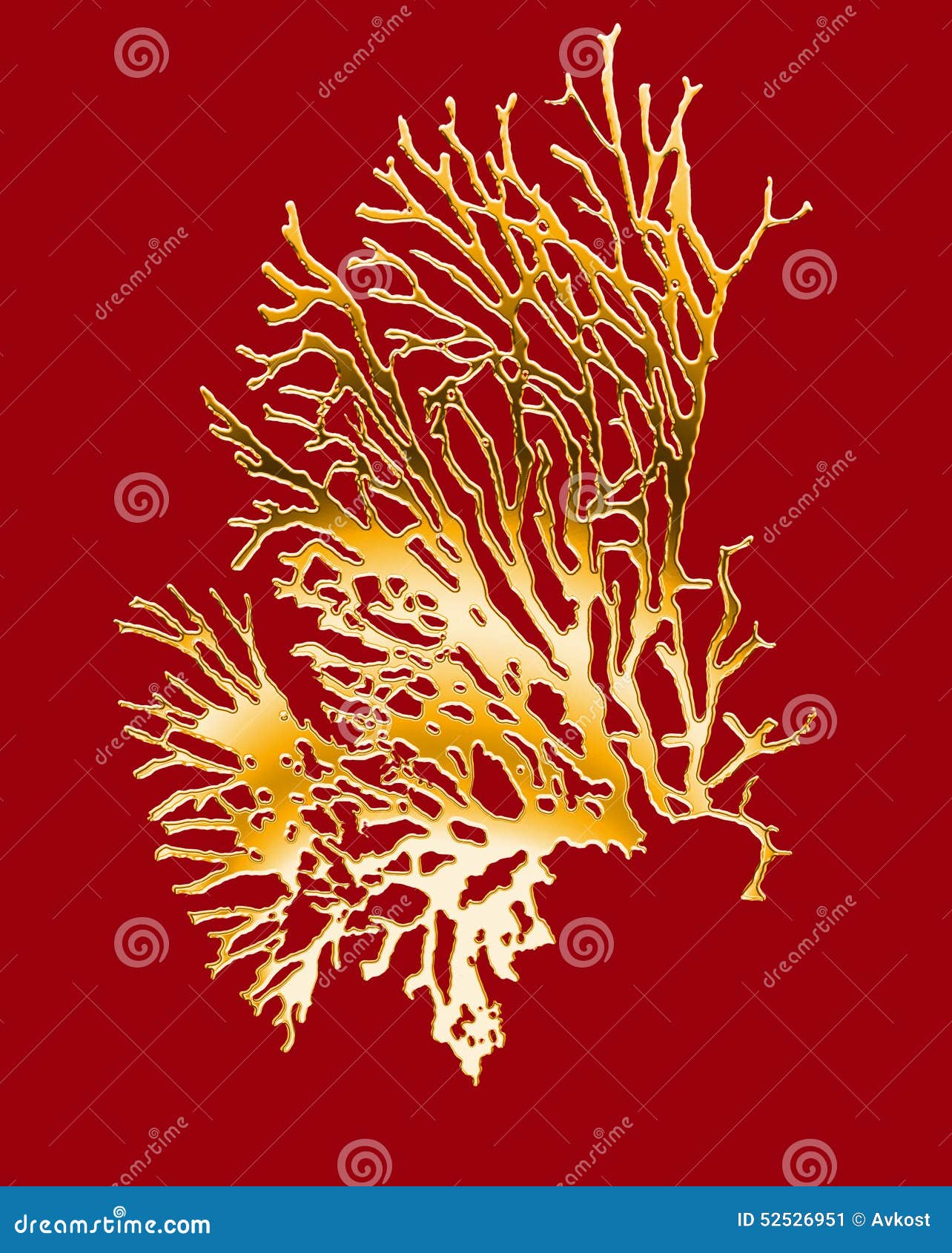 Golden Coral Fan Sculpture On Pastel Blue Background.3d Renderi Stock ...