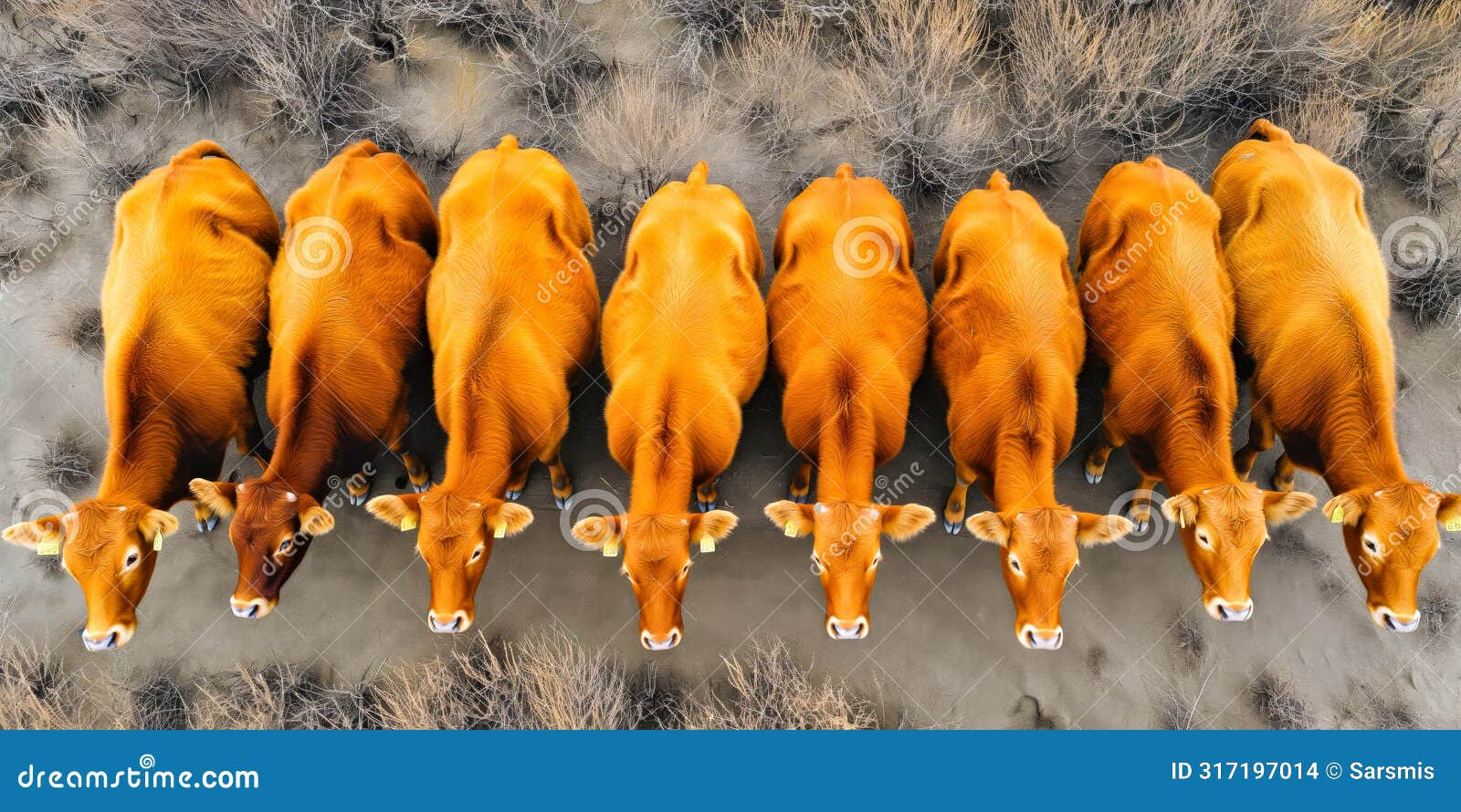 Golden Cows Lined Up in Aerial View. Textured Ground, Creating a ...