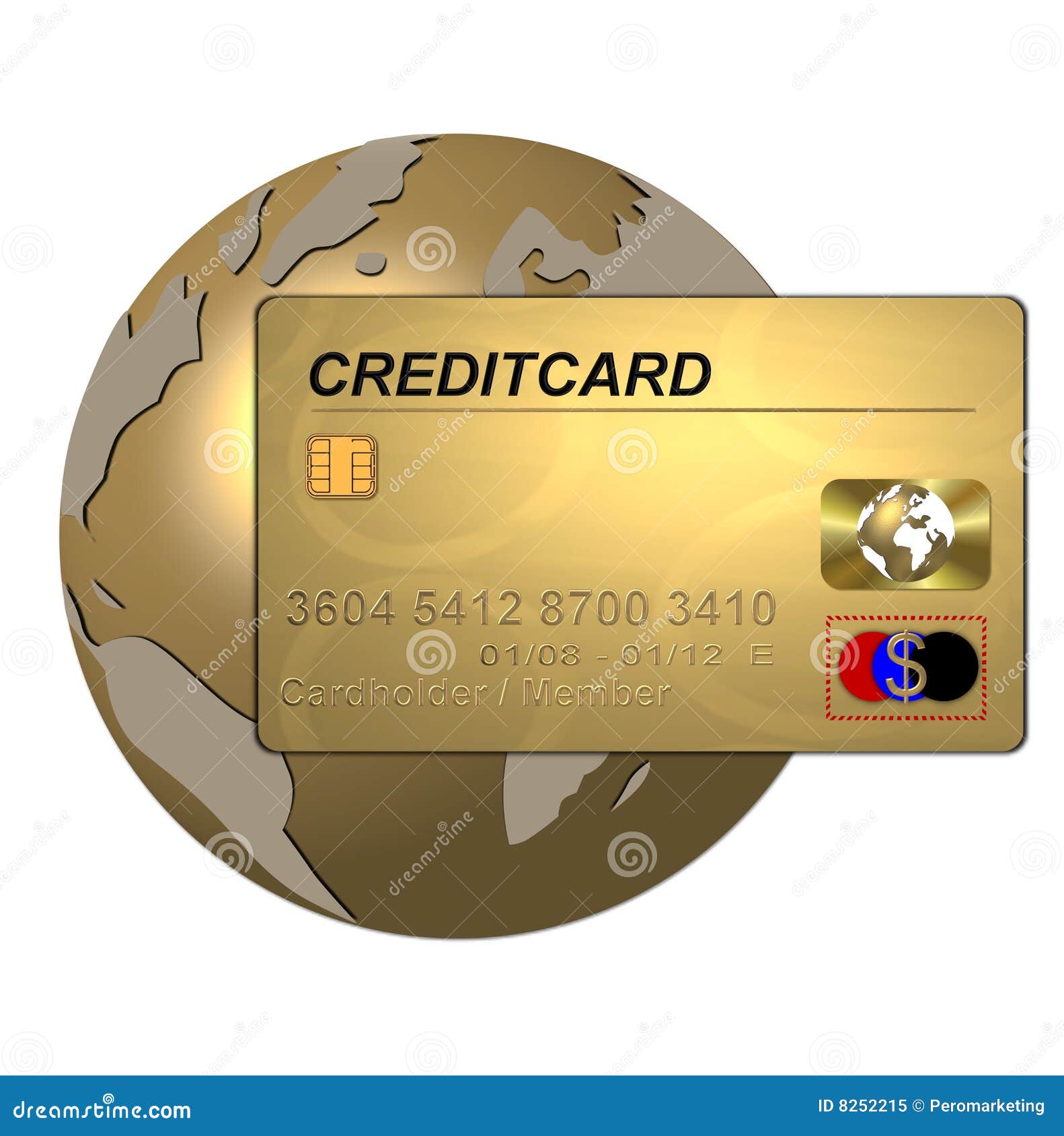Golden Credit Card Icon With World Map, Isolated On White Background ...