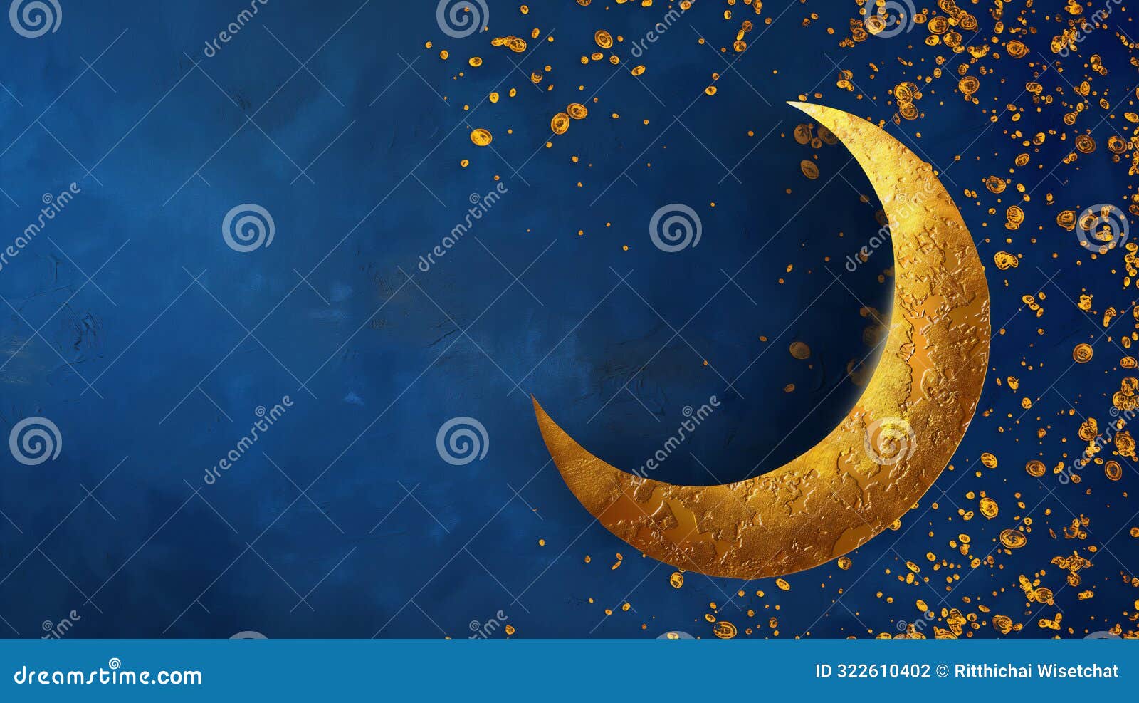 Golden Crescent Moon with Scattered Golden Particles on a Textured Dark ...