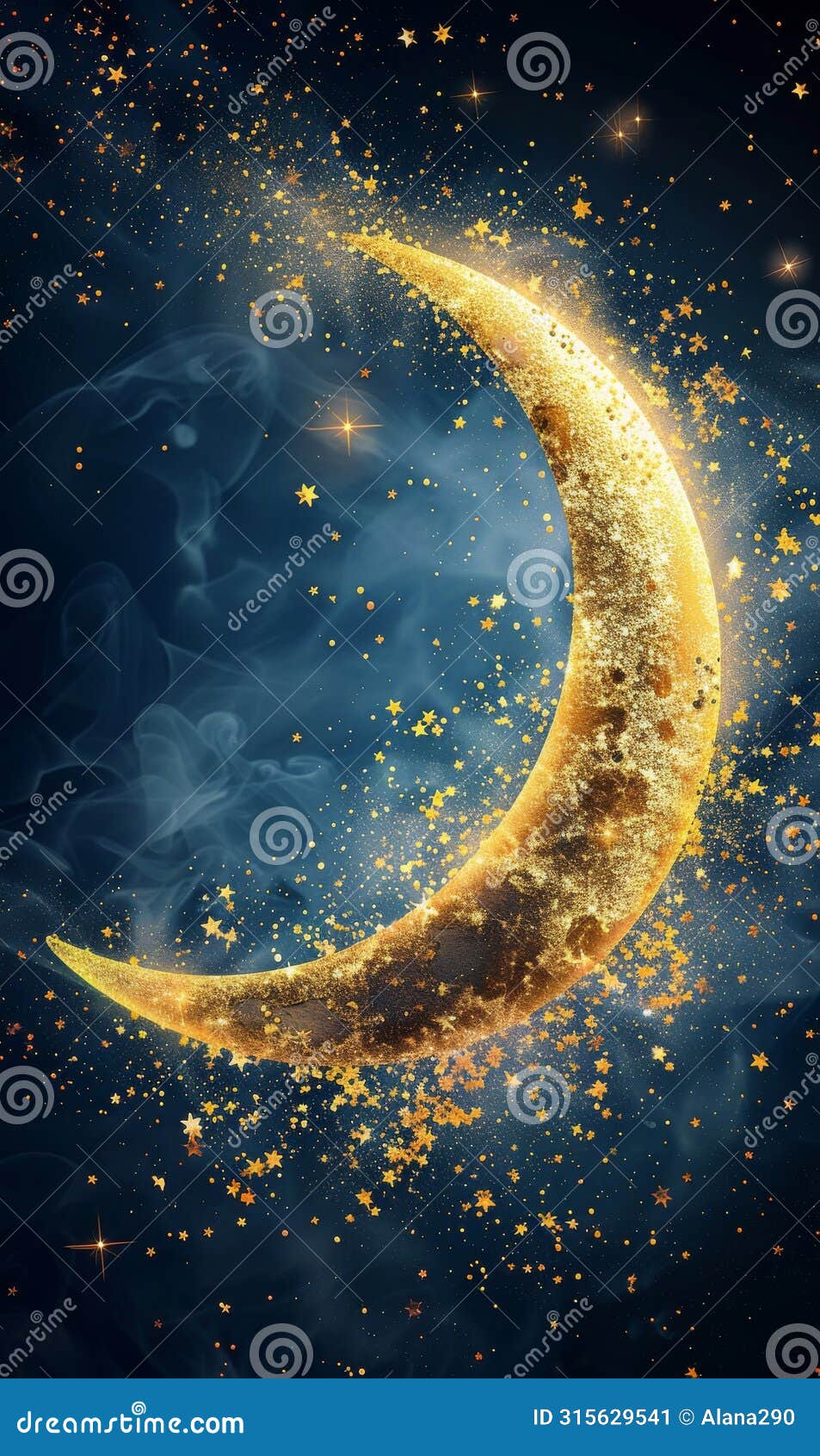 Golden Crescent Moon With Stars And Clouds On Dark Night Sky Background ...