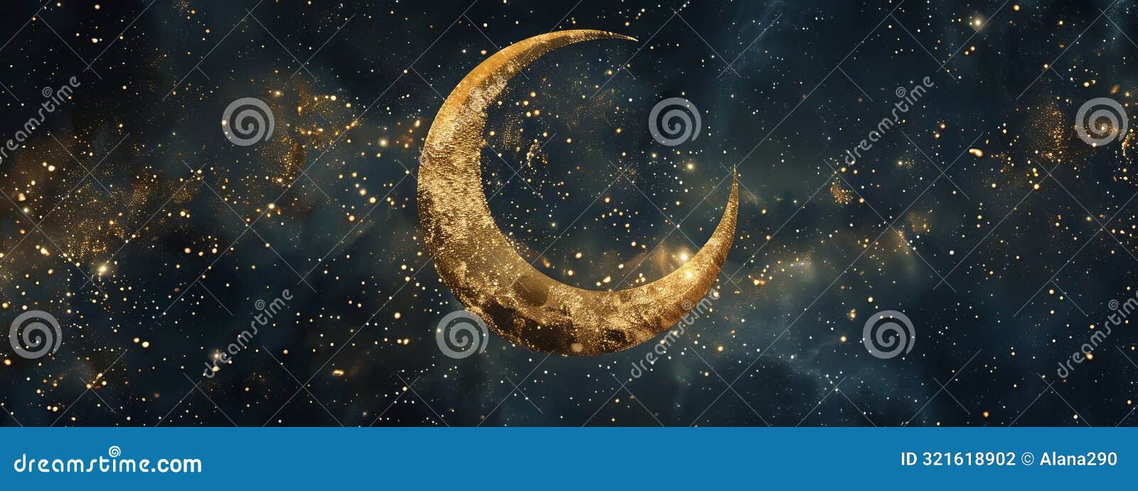 Golden Crescent Moon With Stars And Clouds On Dark Night Sky Background ...
