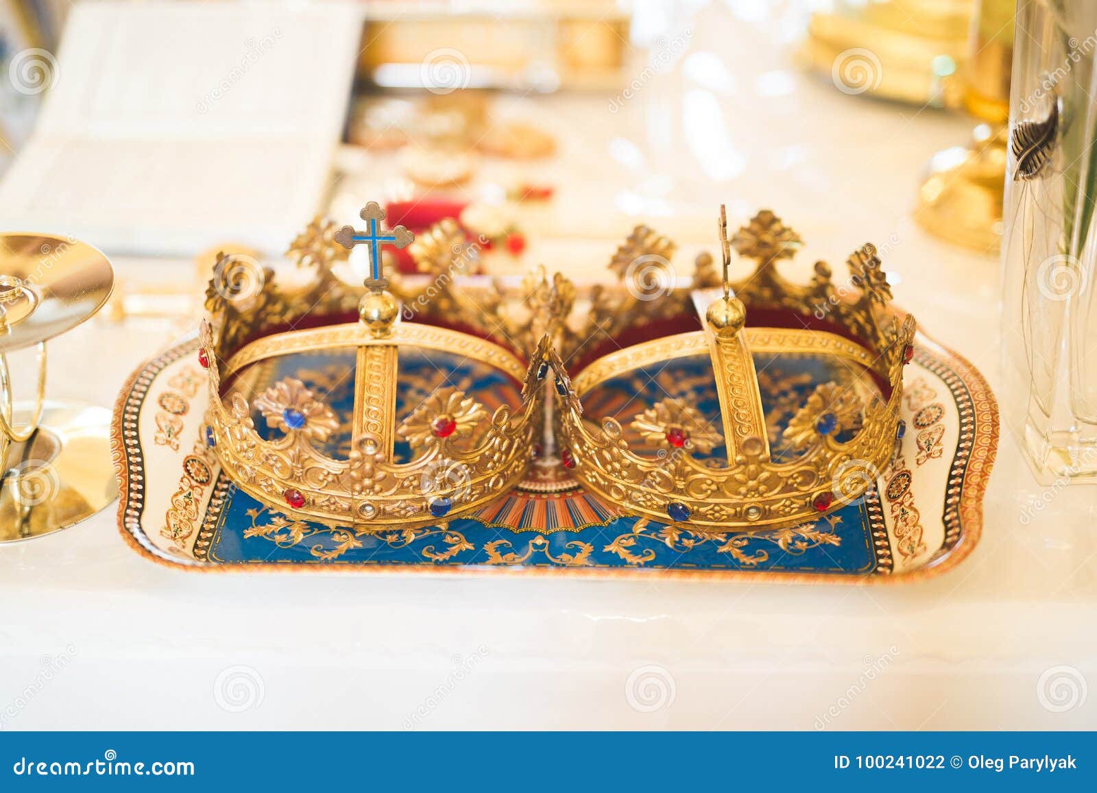 Golden Crowns Lying on the Table in Church Stock Photo - Image of ...