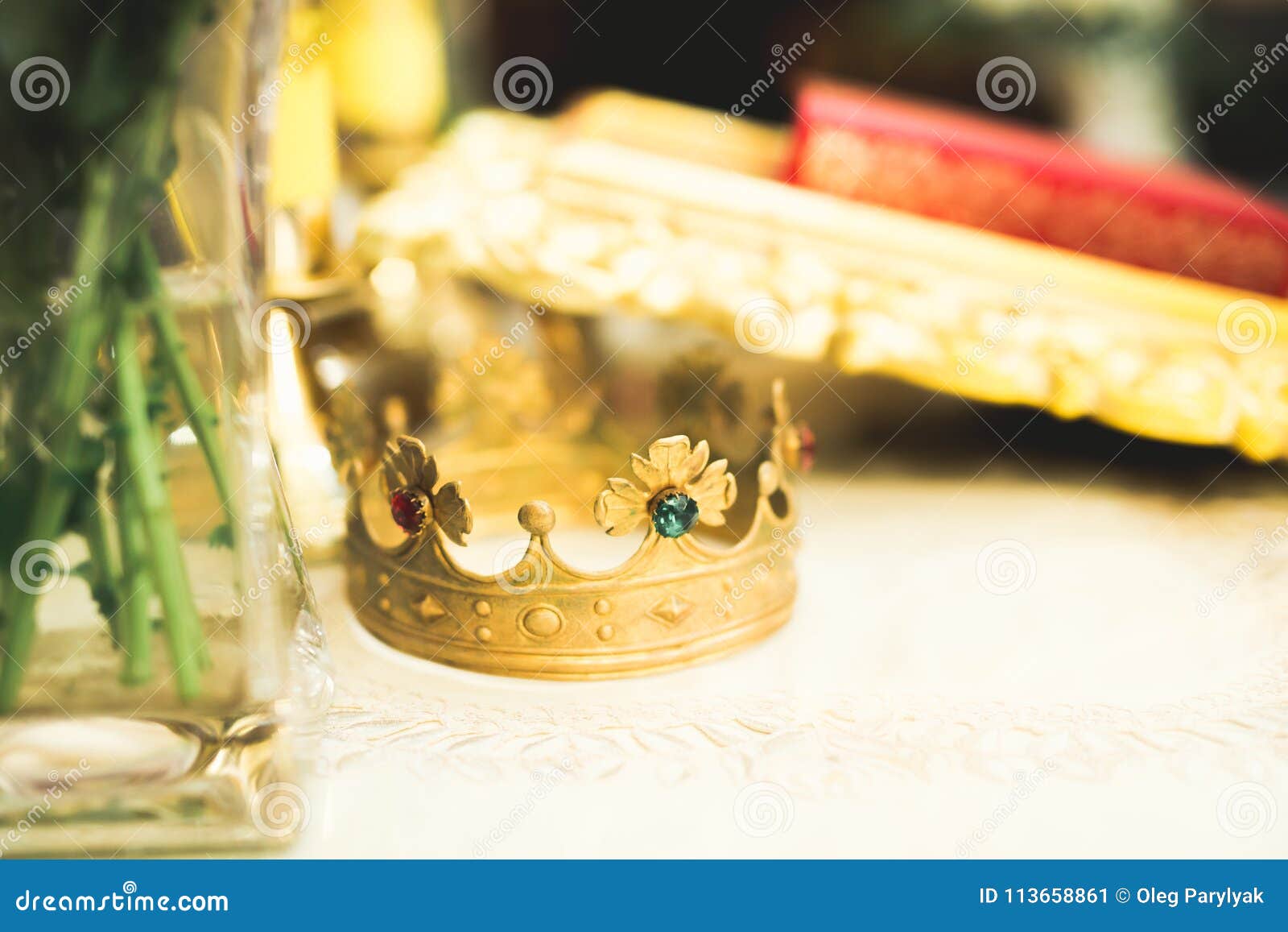 Golden Crowns Lying on the Table in Church Stock Image - Image of light ...