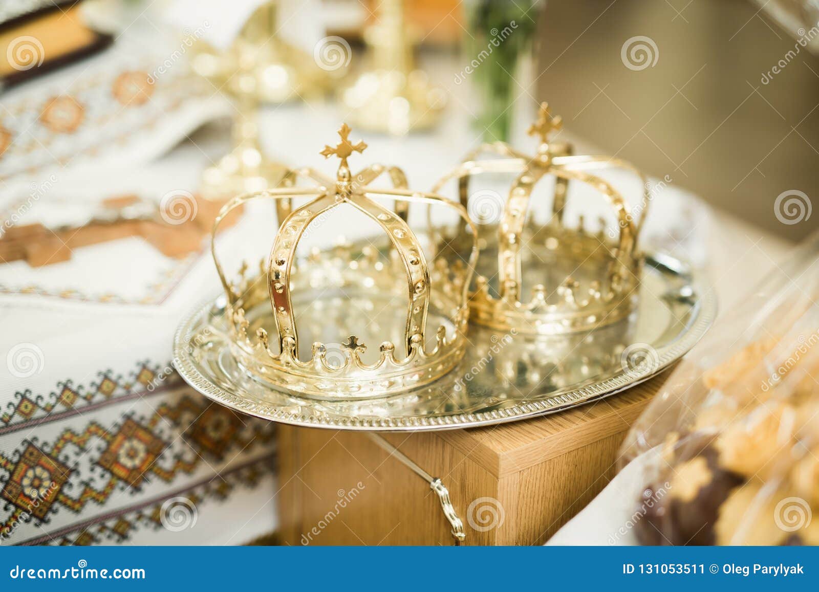 Golden Crowns Lying on the Table in Church Stock Image - Image of ...