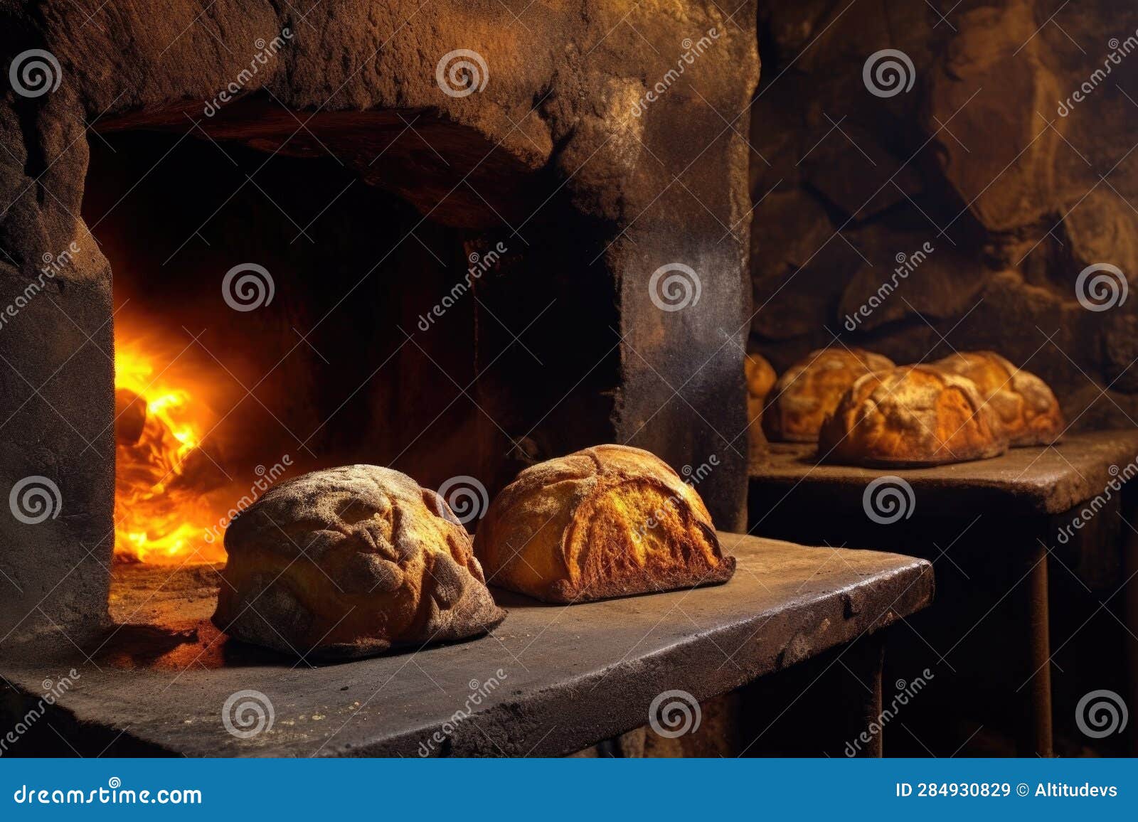 Golden Crust Bread Loaves in Open Stone Oven Stock Illustration ...