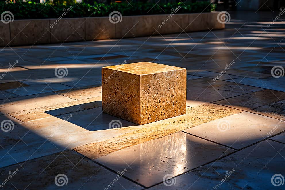 A Golden Cube Casting Shadows on a Stone Surface, Capturing the ...