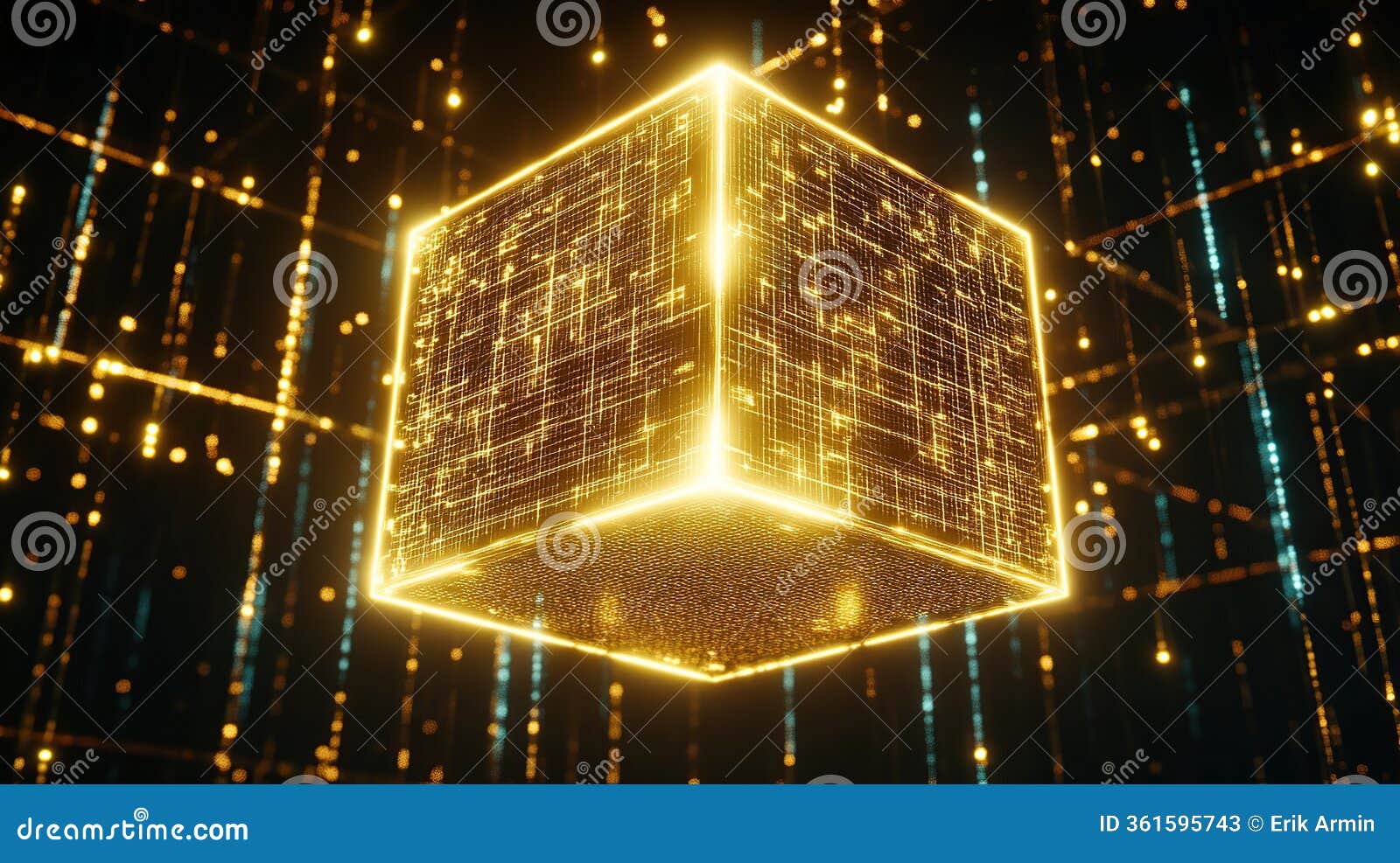 Golden Cube Data Processing, Digital Network Background, Tech Concept ...