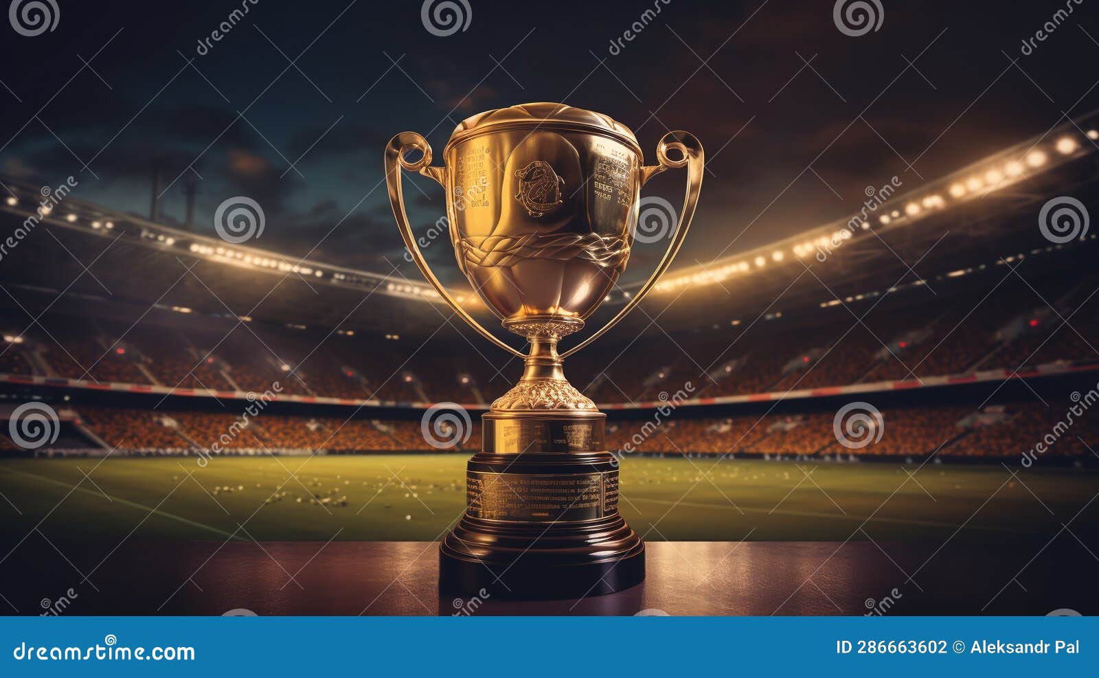 Golden Cup of the Winner on the Background of the Stadium. Ai ...