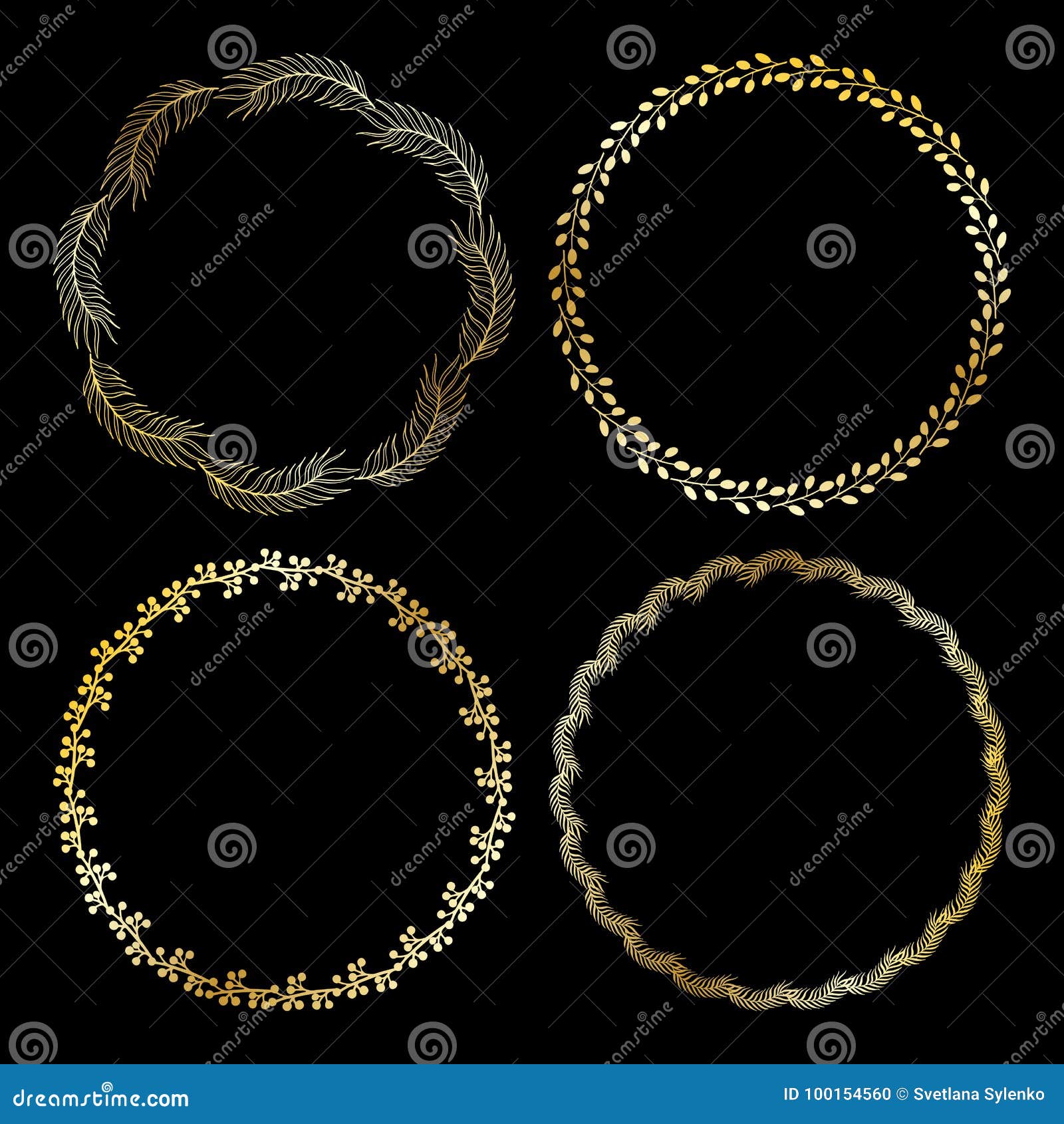 Golden Cute Round Frame. Vector Wreath with Herbs and Leaves Stock ...