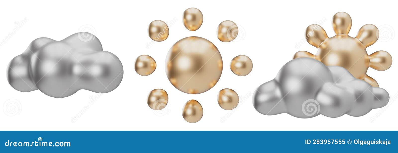 Golden 3D Sun and Silver Clouds Group Isolated on White Background. Cut ...
