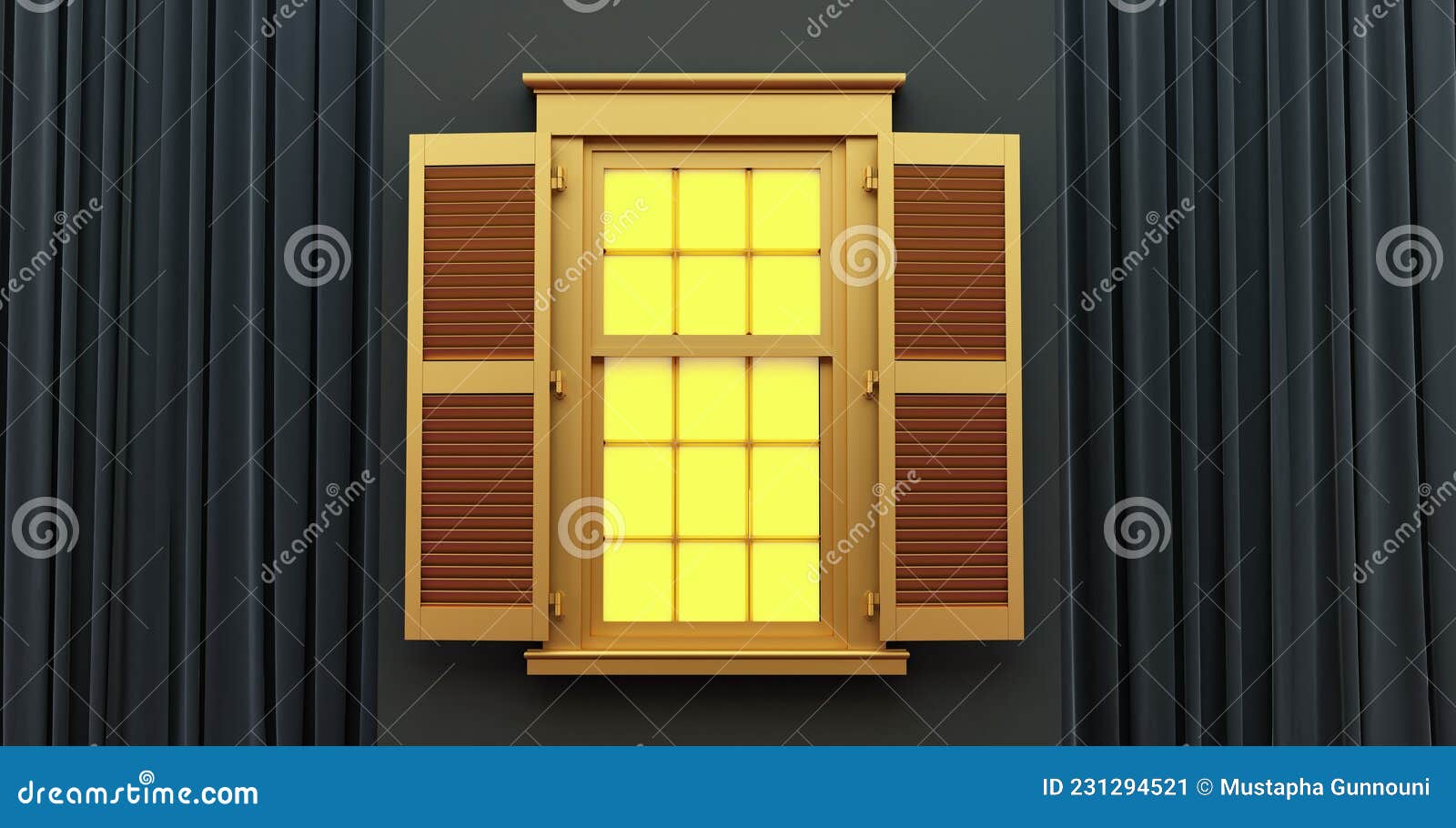 Golden 3d Window, Interior with Gold Window and Black Elegant Curtains ...