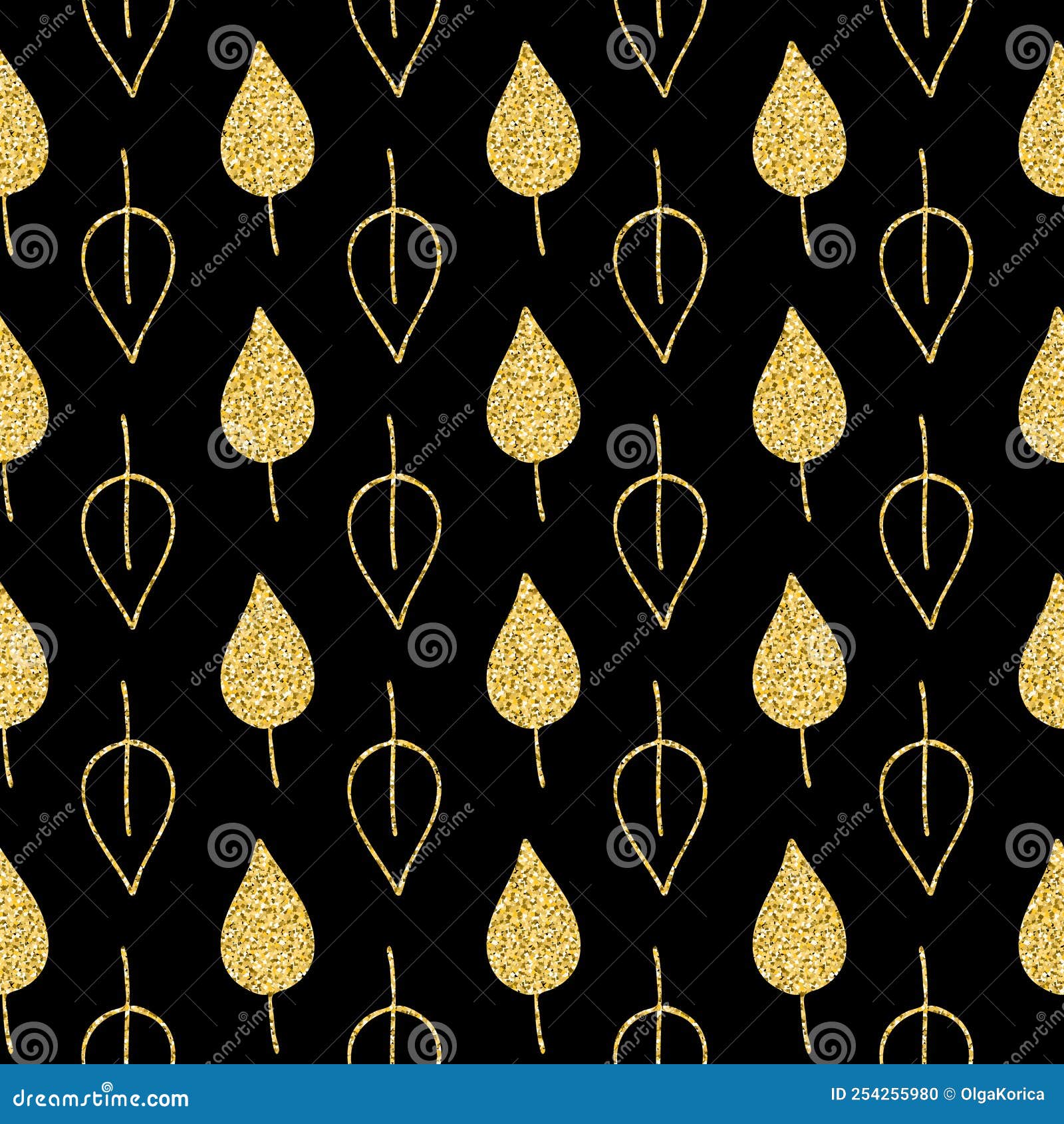 Golden Deciduous Tree Leaf, Forest Seamless Pattern Black Golden ...