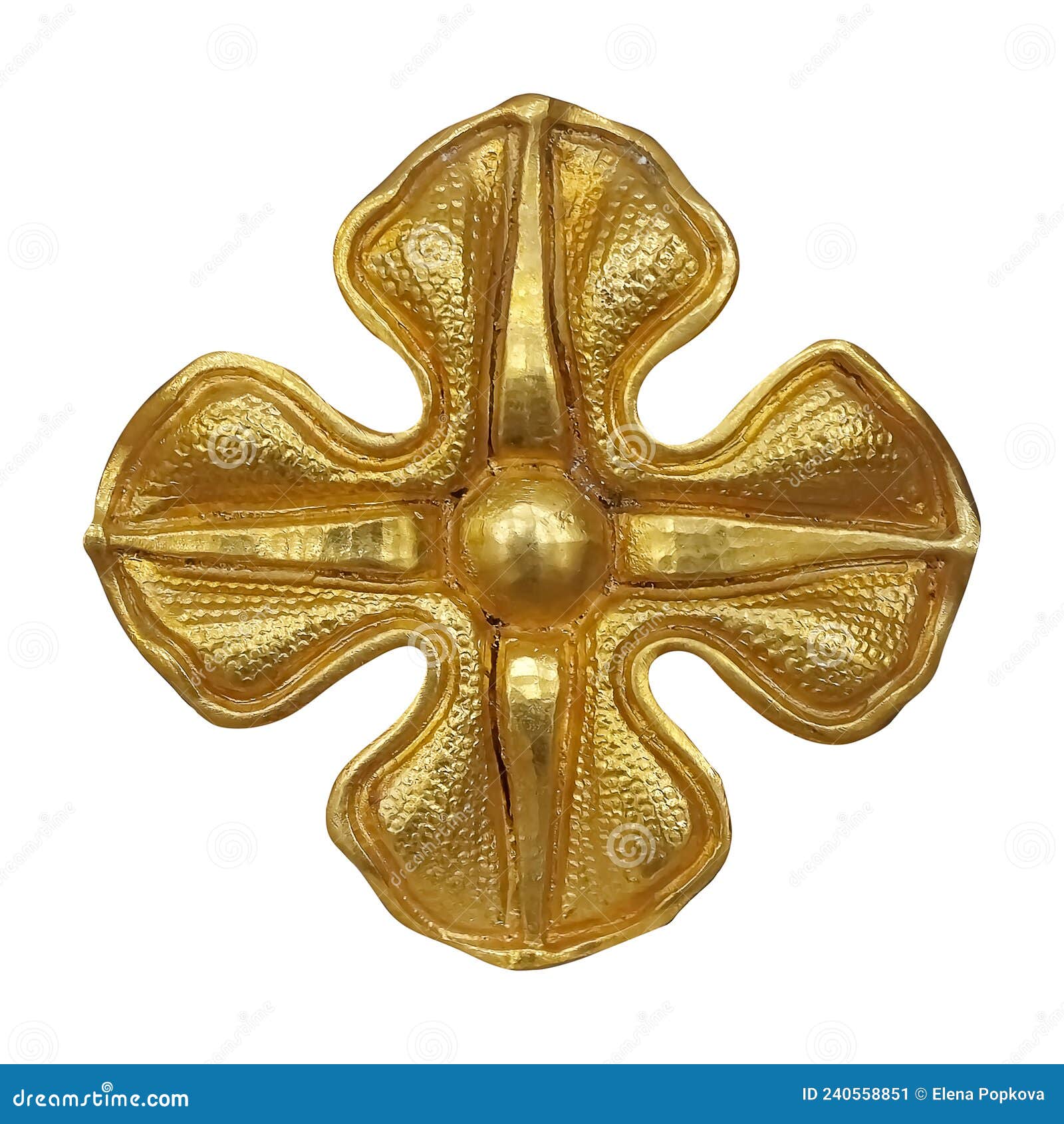 Golden Decorative Cross Element with Floral Pattern Isolated on White ...