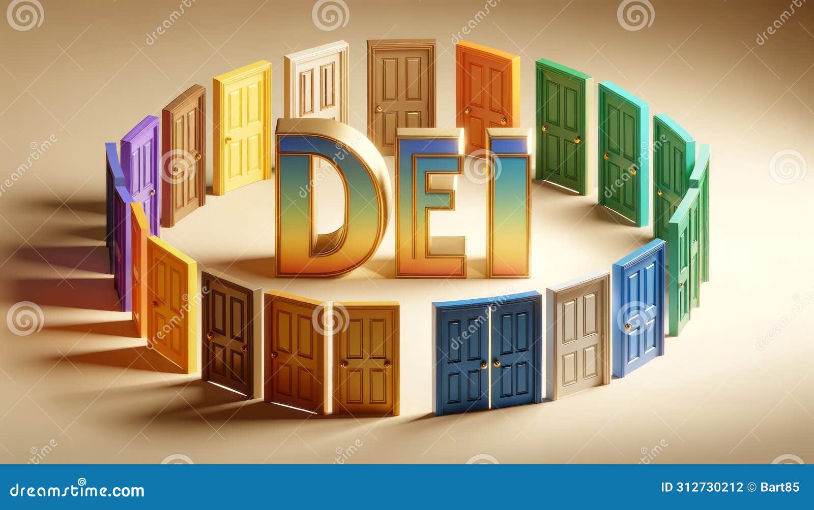 Golden DEI Acronym Emphasized with Semircle of Multicolored Doors ...