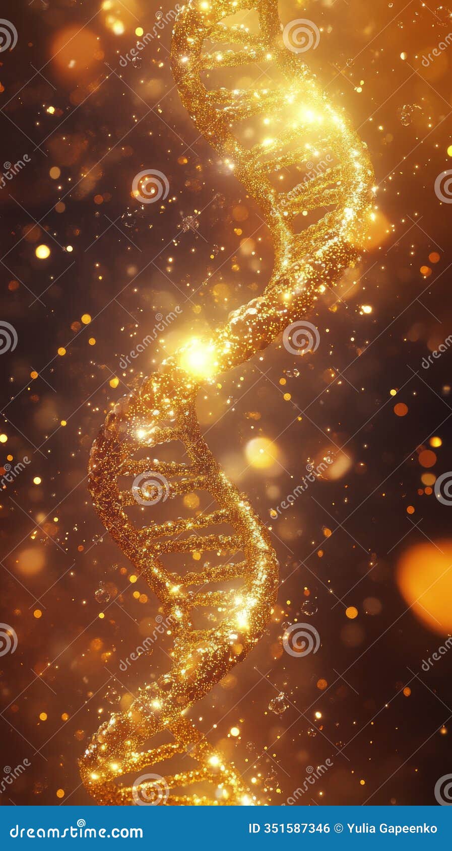 Golden DNA Structure Glowing with Particles in Dark Background Stock ...
