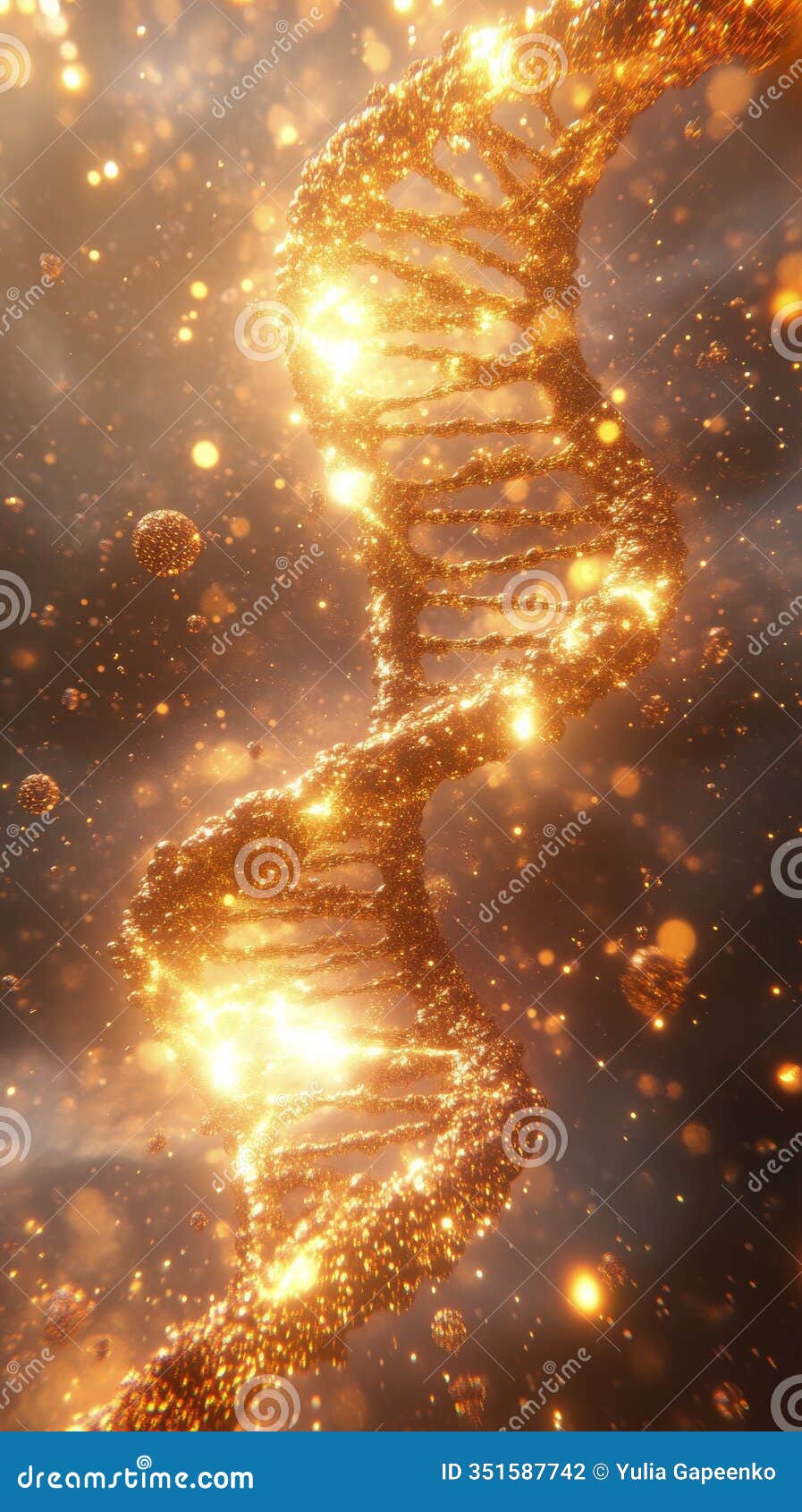 Golden DNA Structure Glowing with Particles in Dark Background Stock ...