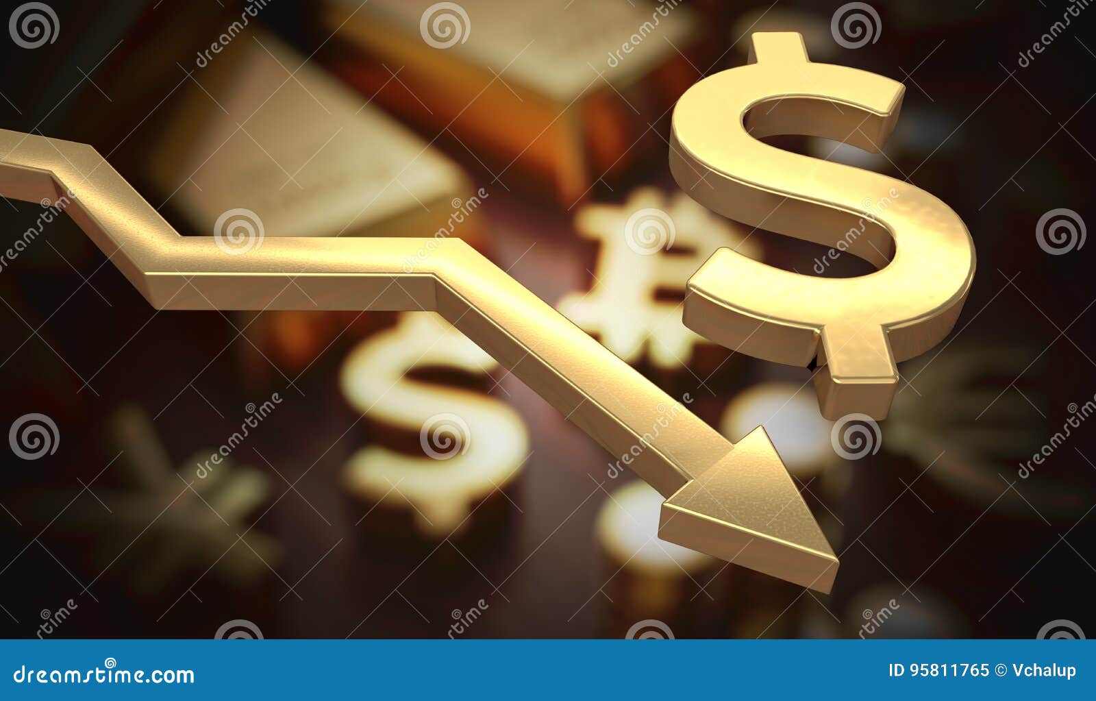 Golden Dollar Symbol and Arrow Down. 3D Rendered Illustration Stock ...