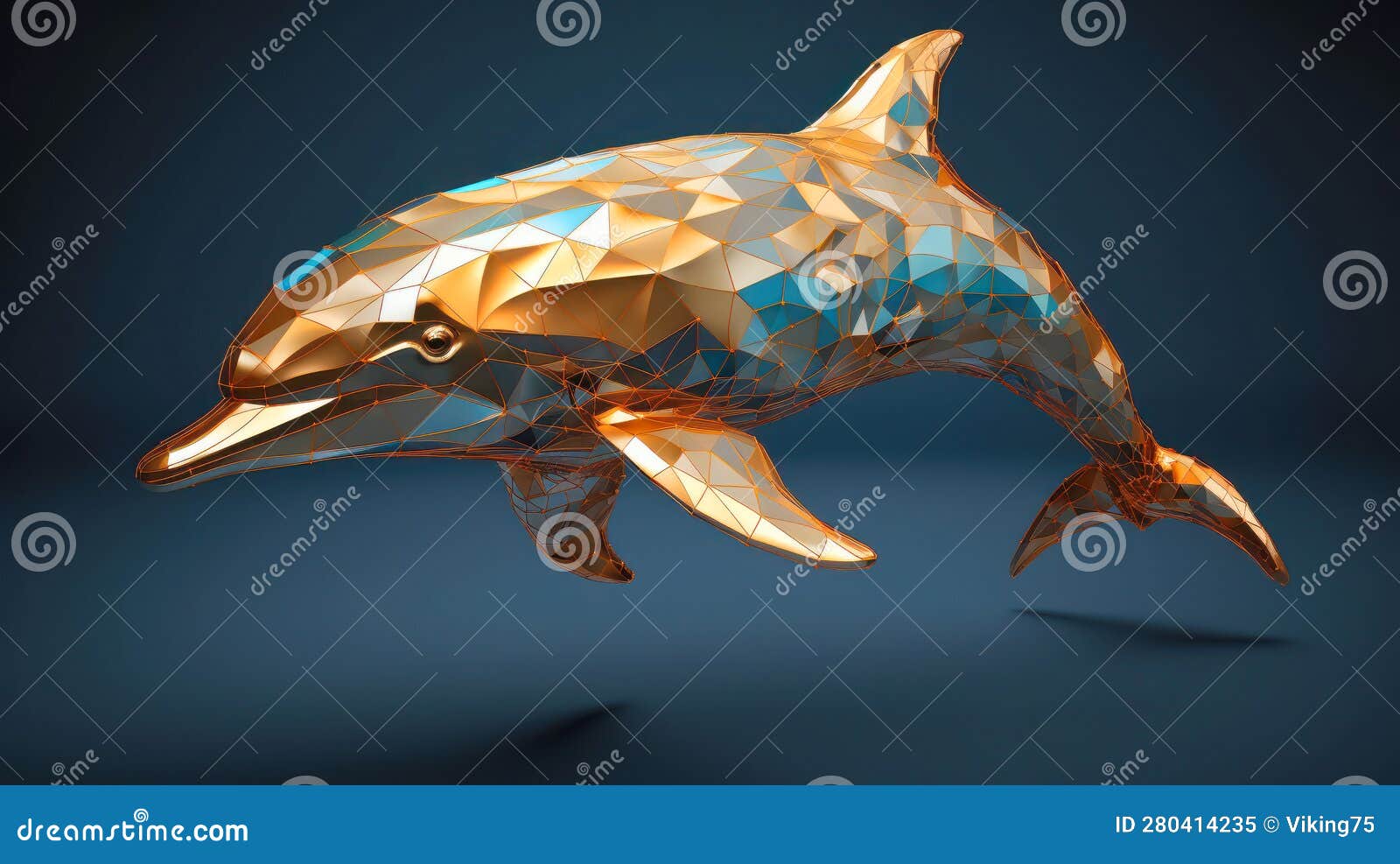 Golden Dolphin on Blue Background. 3D Illustration. Polygonal Style ...
