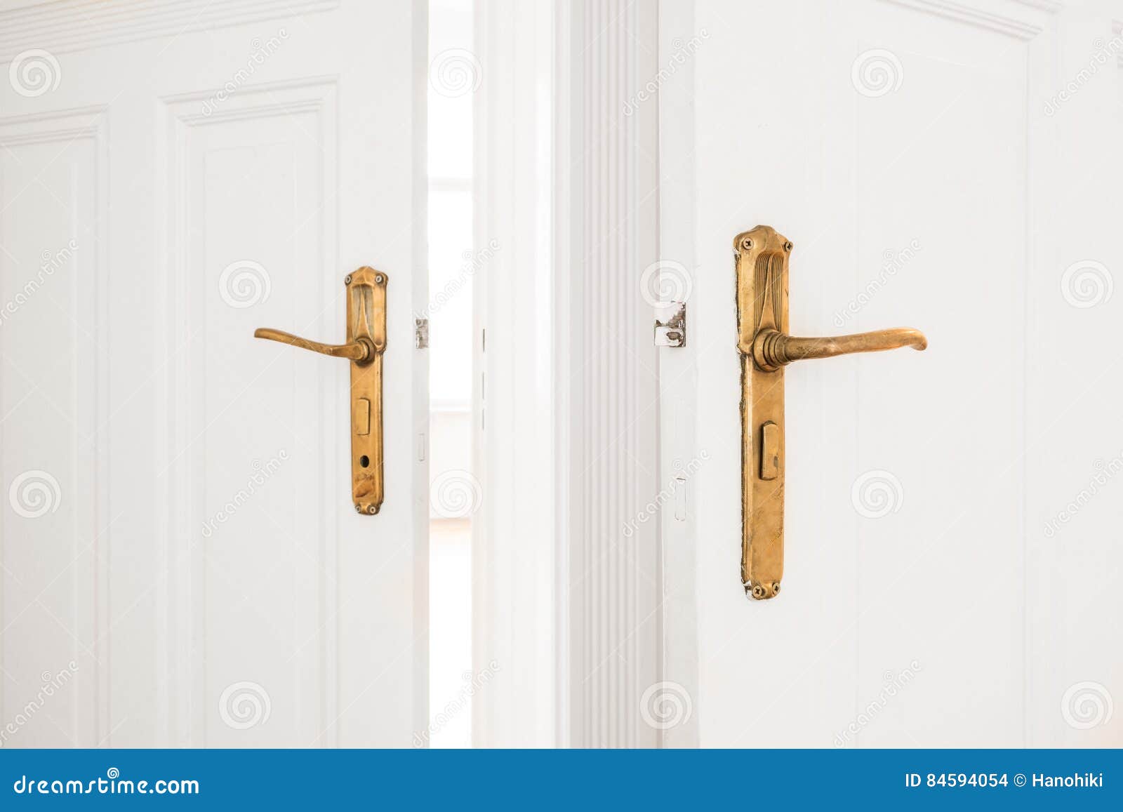 Golden Door Handle on Old White Doors Stock Photo - Image of estate ...