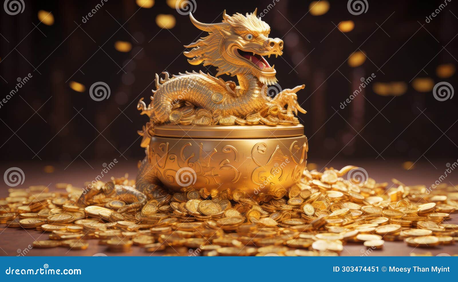 Golden Dragon on Coins Pile Representing Wealth and Prosperity Stock ...