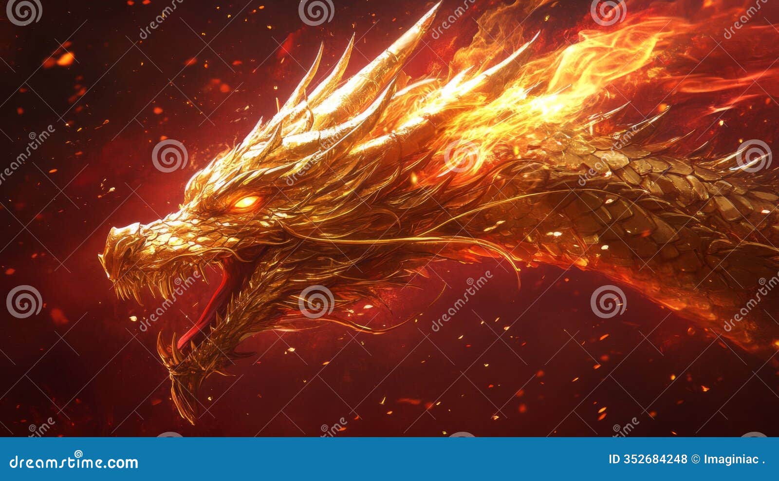 A Golden Dragon Head Roaring in Flames Stock Illustration ...