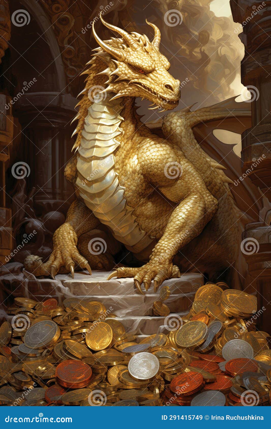 Golden Dragon on a Pile of Gold Stock Illustration - Illustration of ...