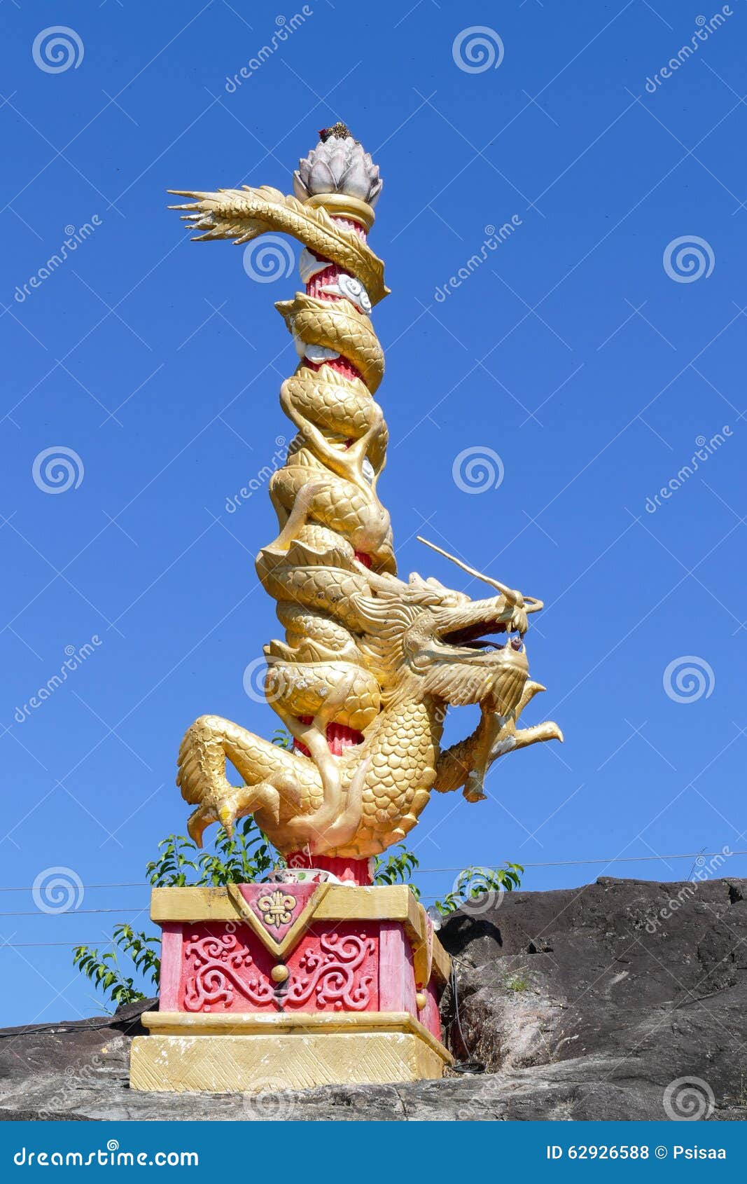 Golden Dragon Statue on Pillar on the Stone Stock Photo - Image of ...