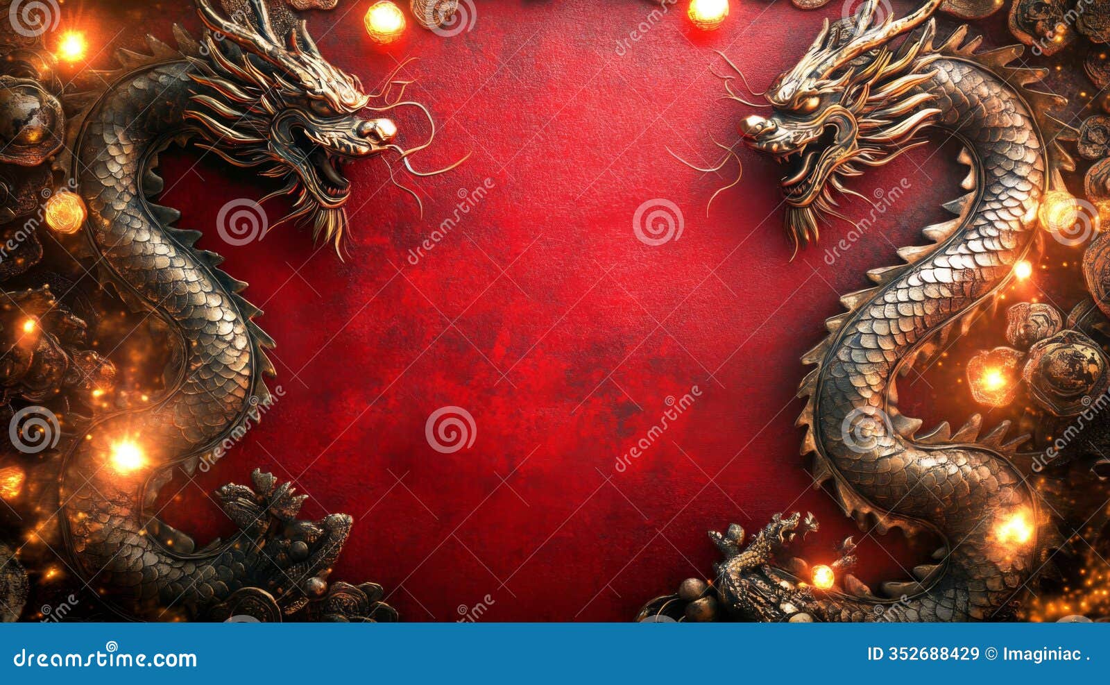 Golden Dragons Frame Red Background with Lights Stock Illustration ...