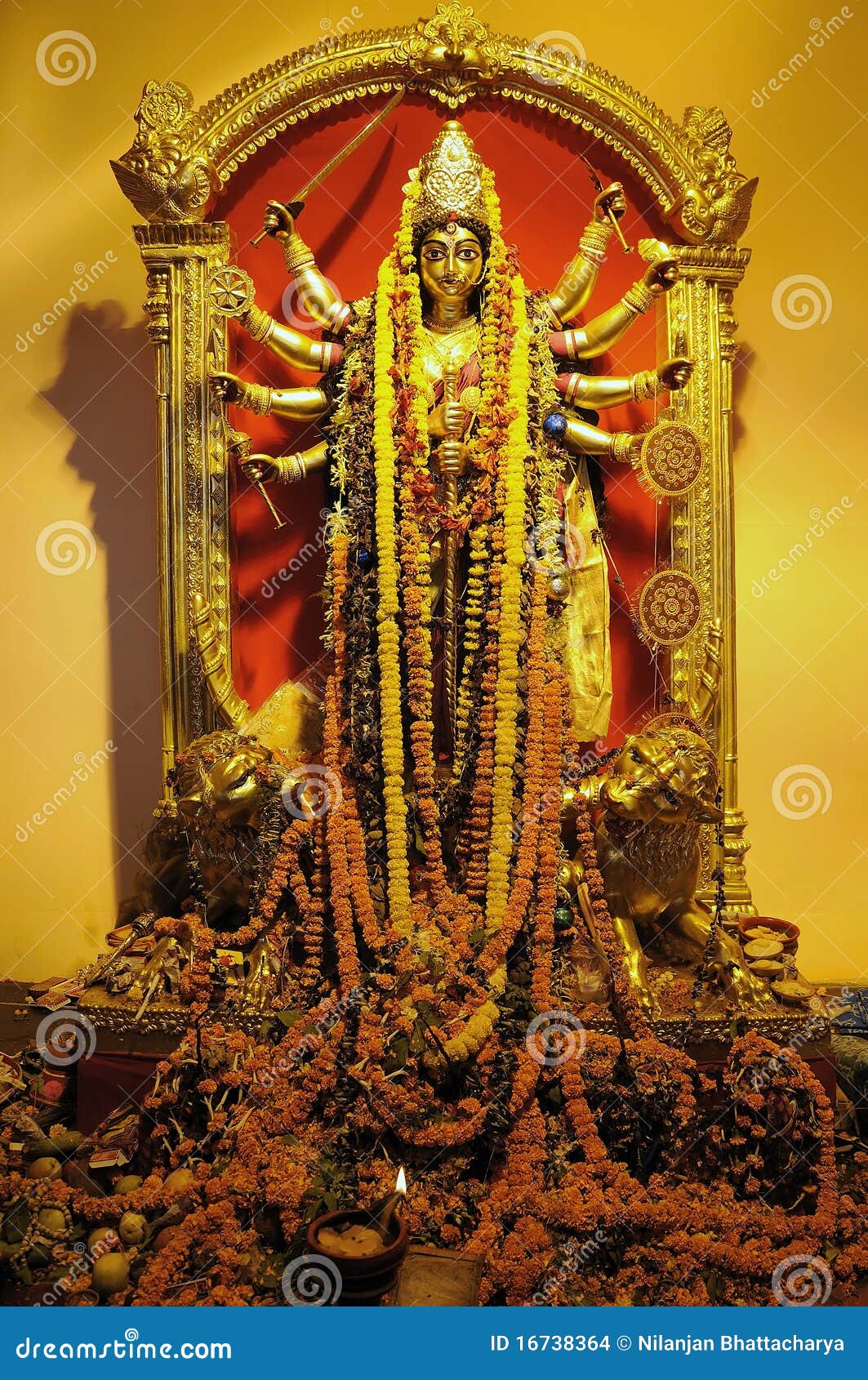 Golden Durga goddess stock photo. Image of hands, demon - 16738364
