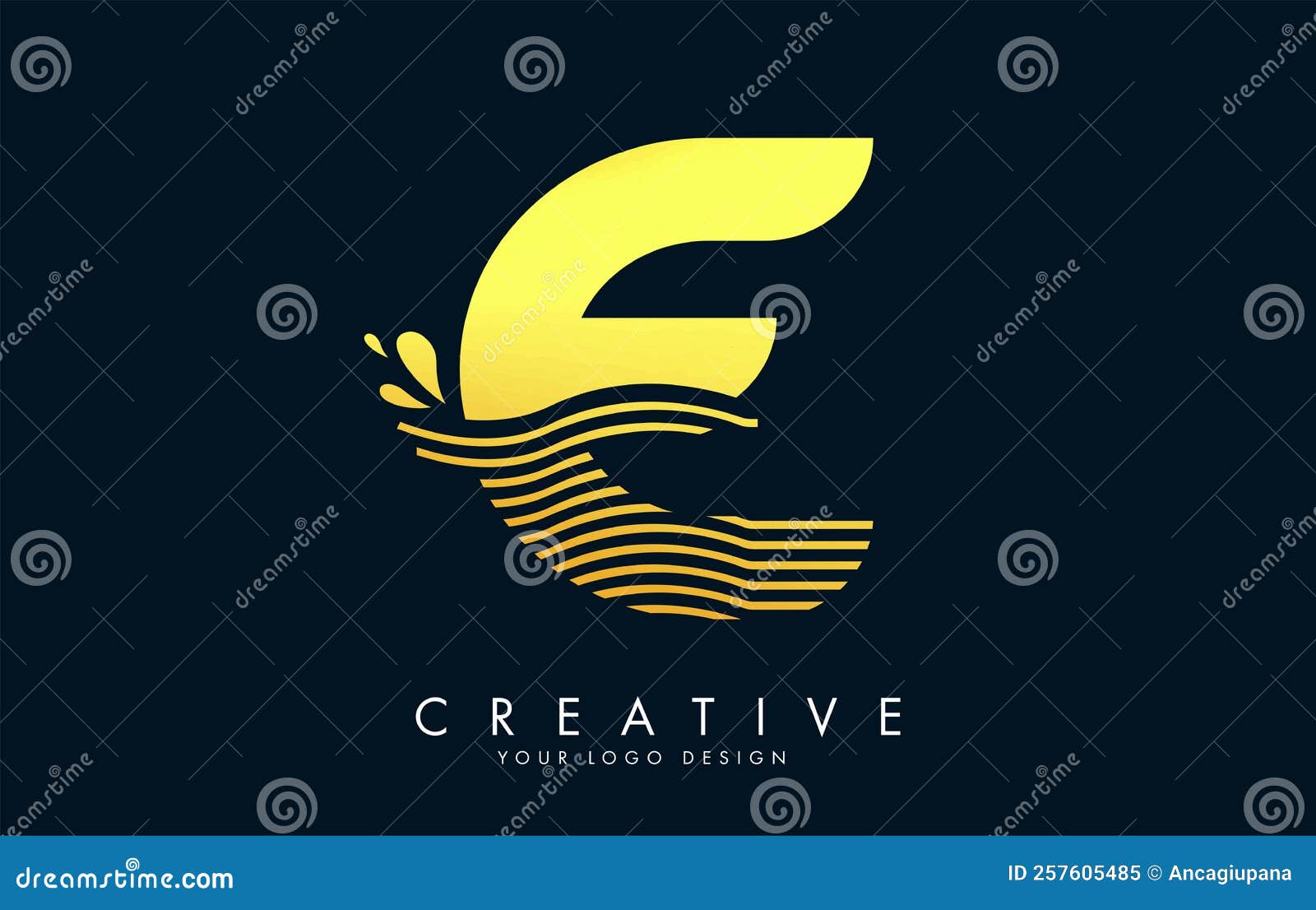 Golden E Letter Logo with Waves and Water Drops Design Stock Vector ...