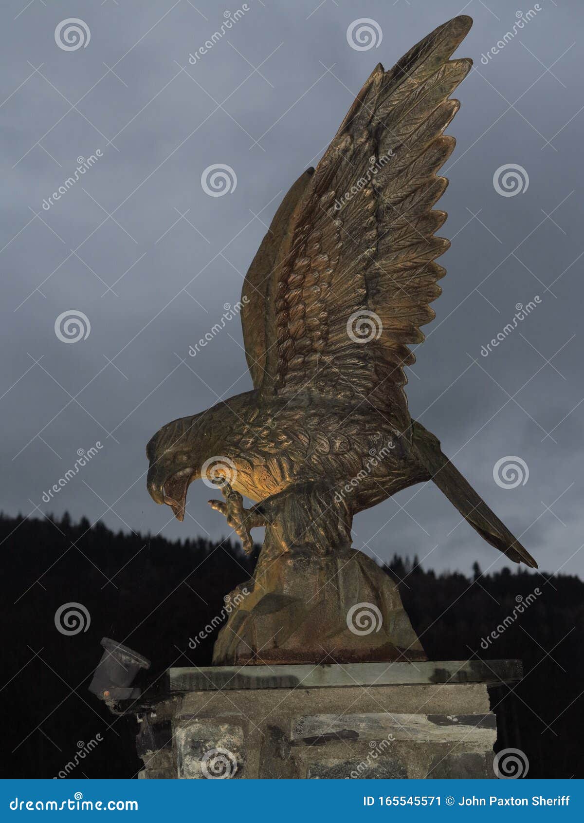 Golden Eagle, Model, Statuette, on Stone Plinth, Lit by Spotlight at ...