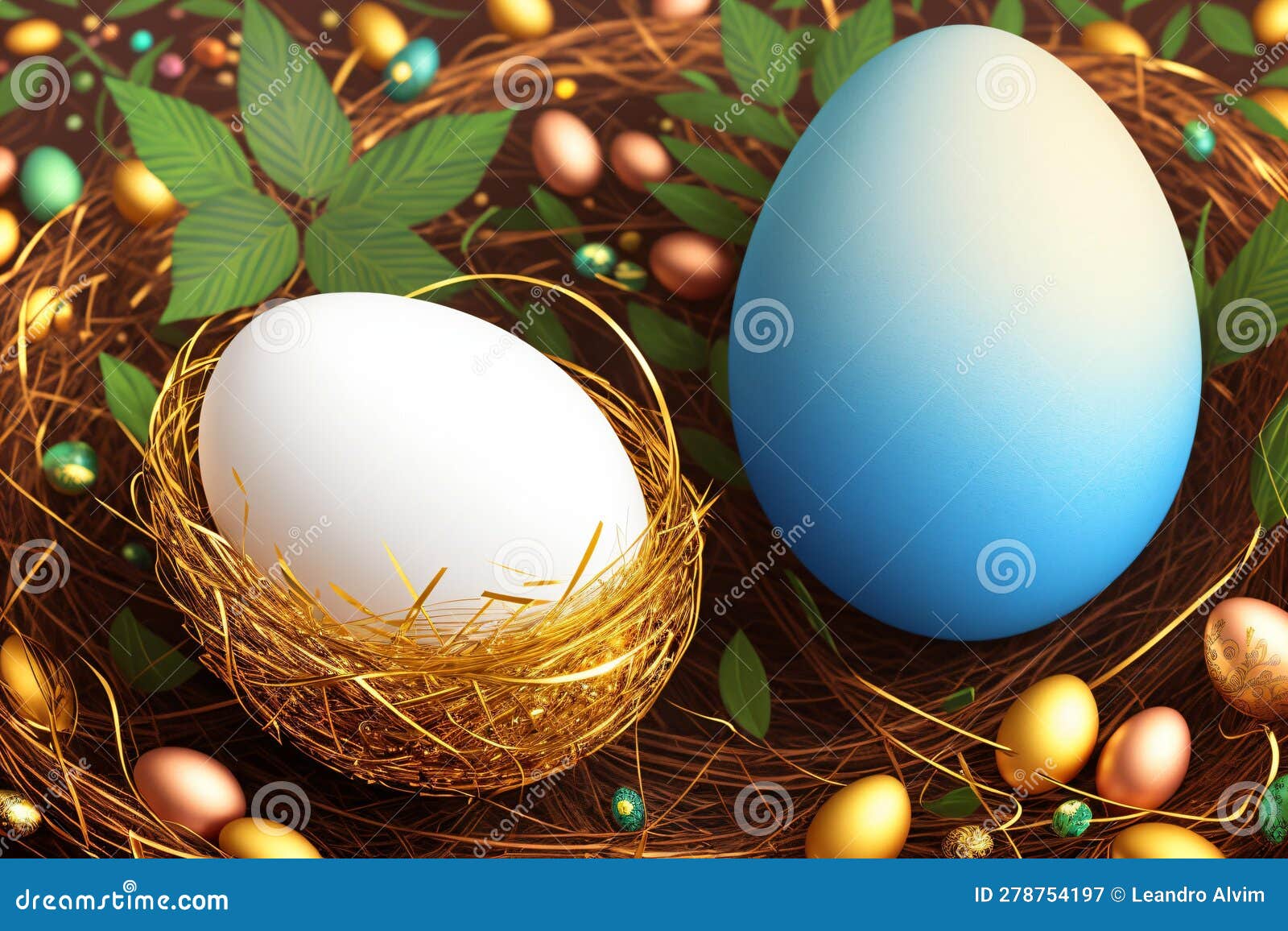 Golden Easter Eggs on Azure Nest.AI Generated Stock Illustration ...